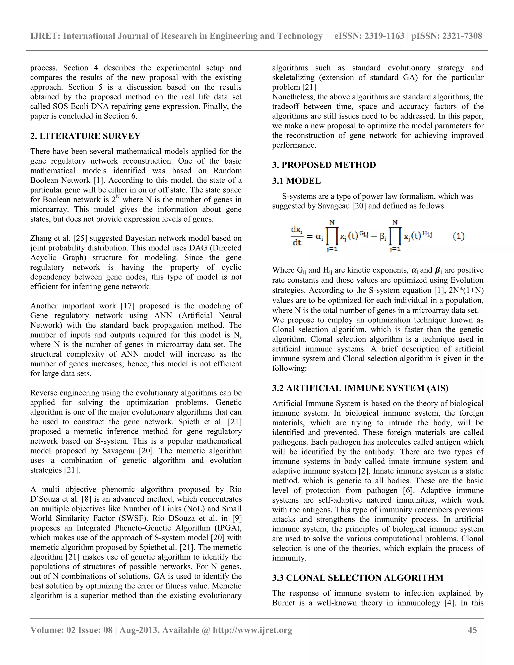A Clonal Based Algorithm For The Reconstruction Of Genetic Network