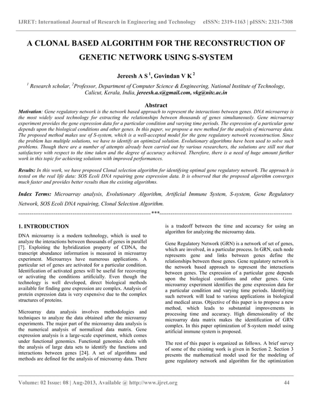 A clonal based algorithm for the reconstruction of genetic network using s system - copy (2) | PDF