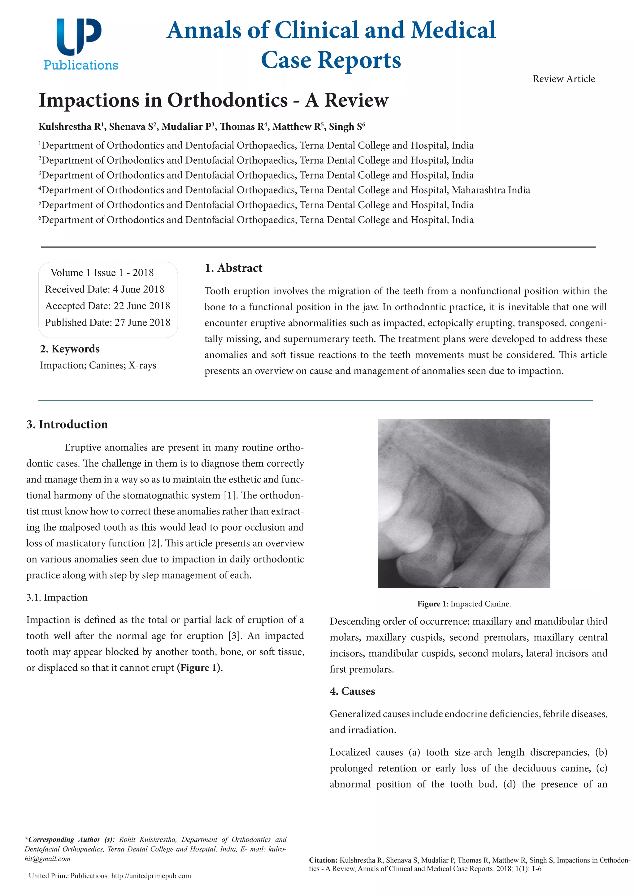 Impactions in Orthodontics – A Review | PDF