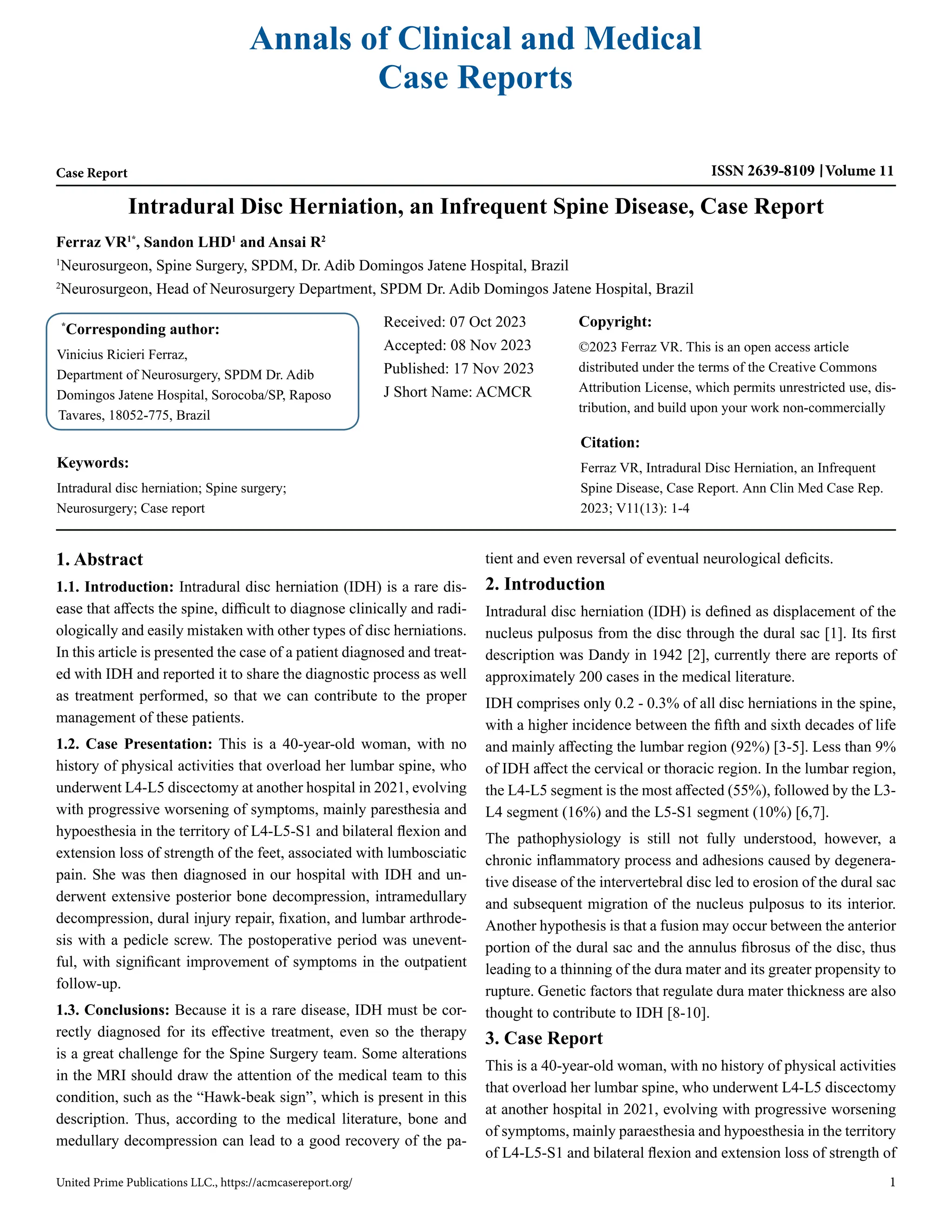 Intradural Disc Herniation, an Infrequent Spine Disease, Case Report | PDF