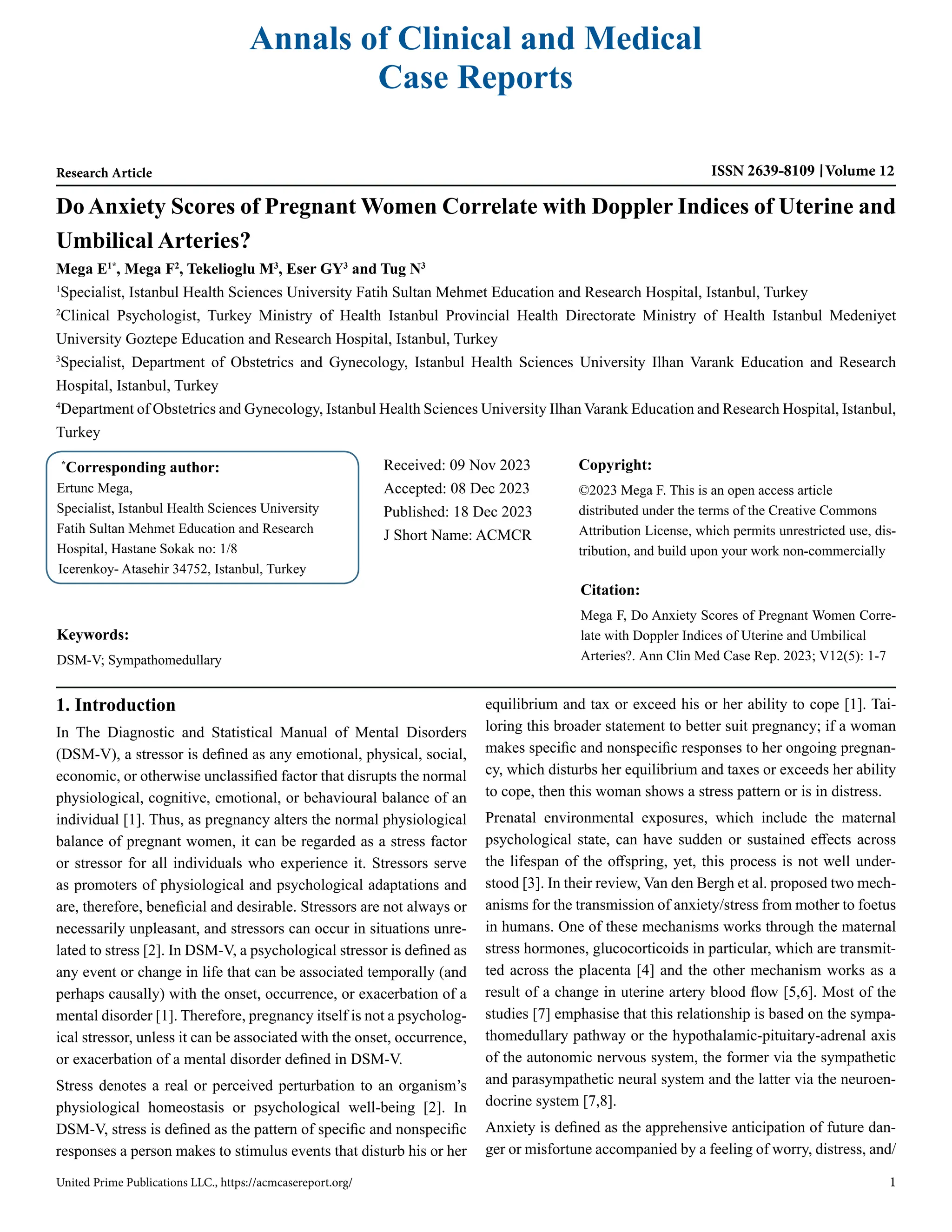 Do Anxiety Scores of Pregnant Women Correlate with Doppler Indices of ...