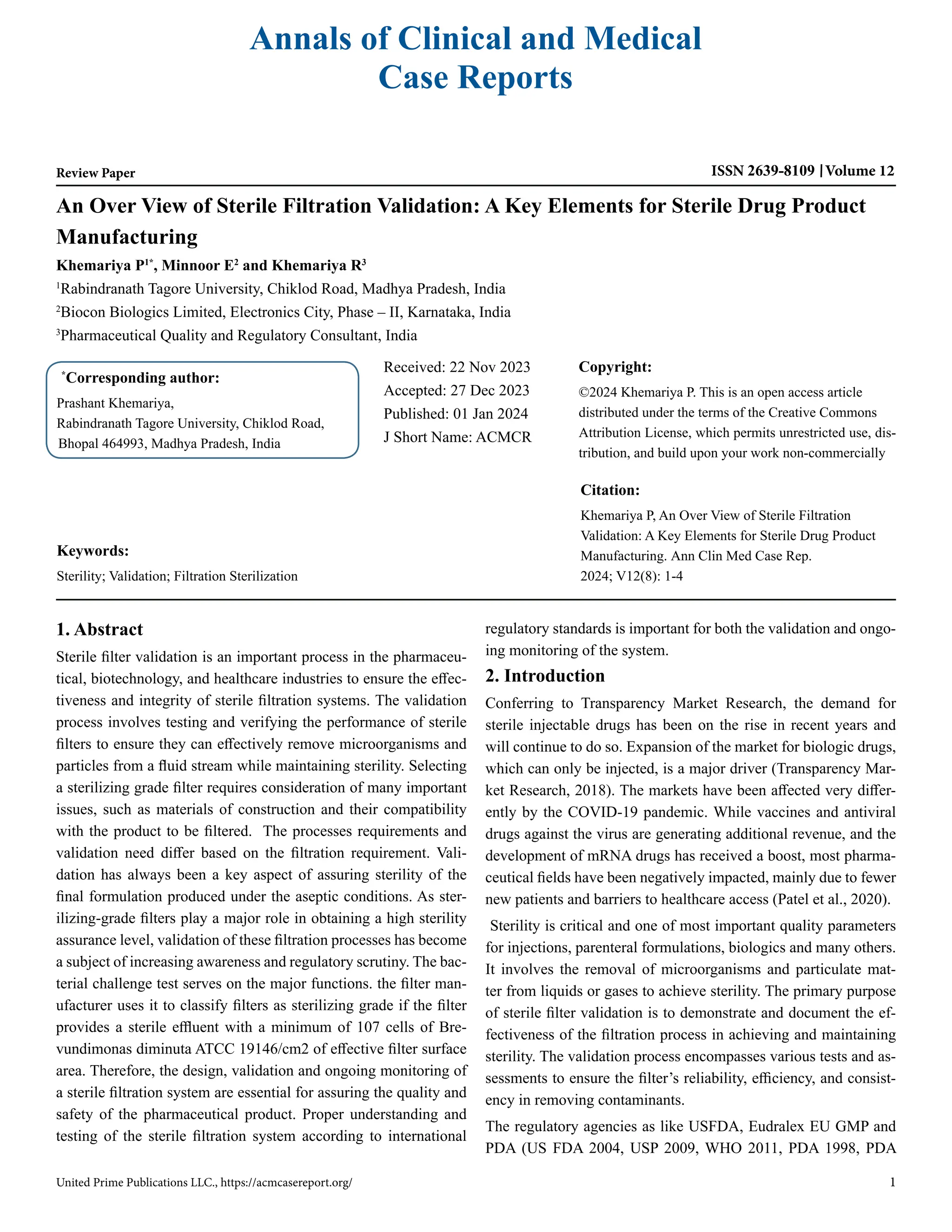 An Over View Of Sterile Filtration Validation A Key Elements For Sterile Drug Product