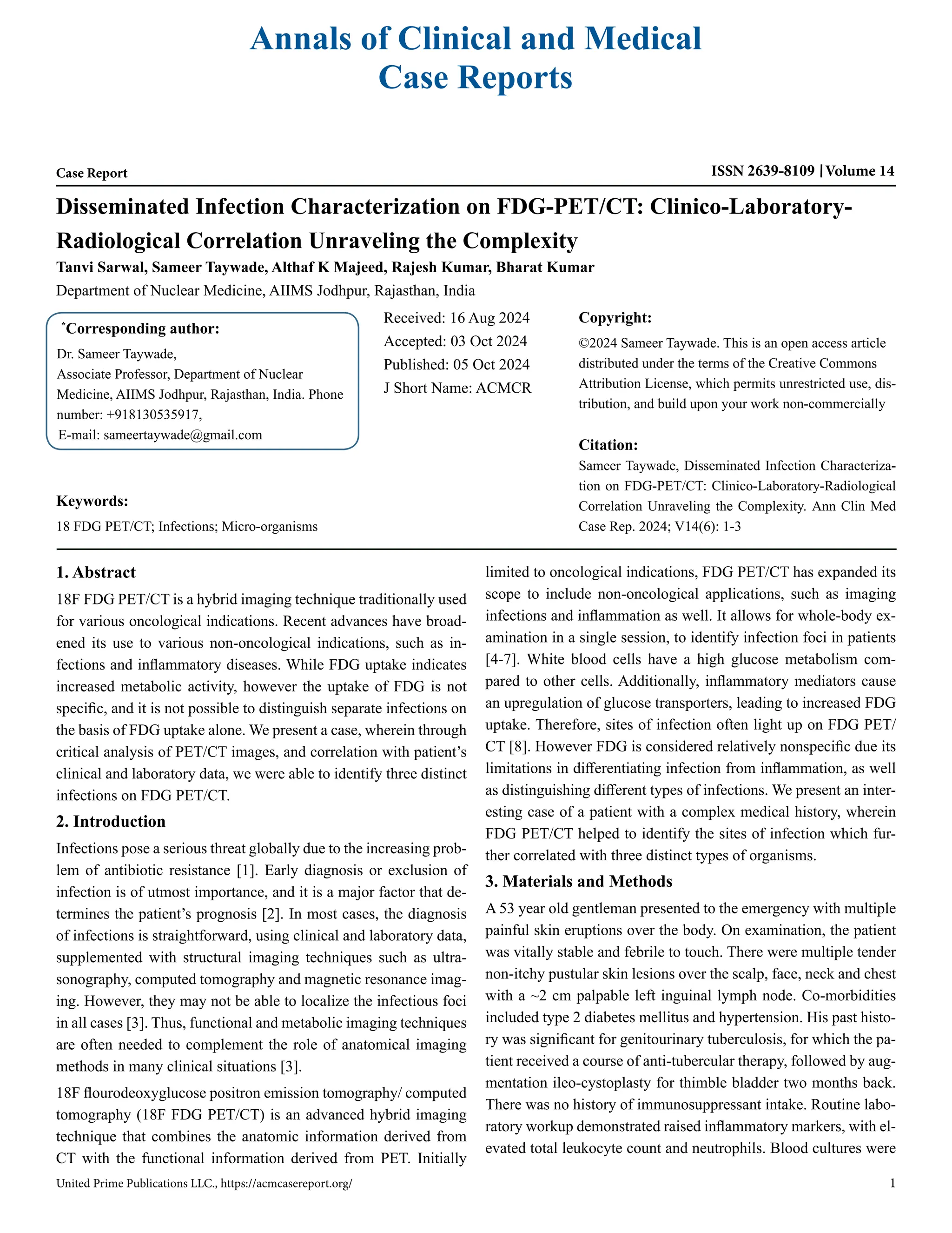 Disseminated Infection Characterization on FDG-PET/CT: Clinico ...