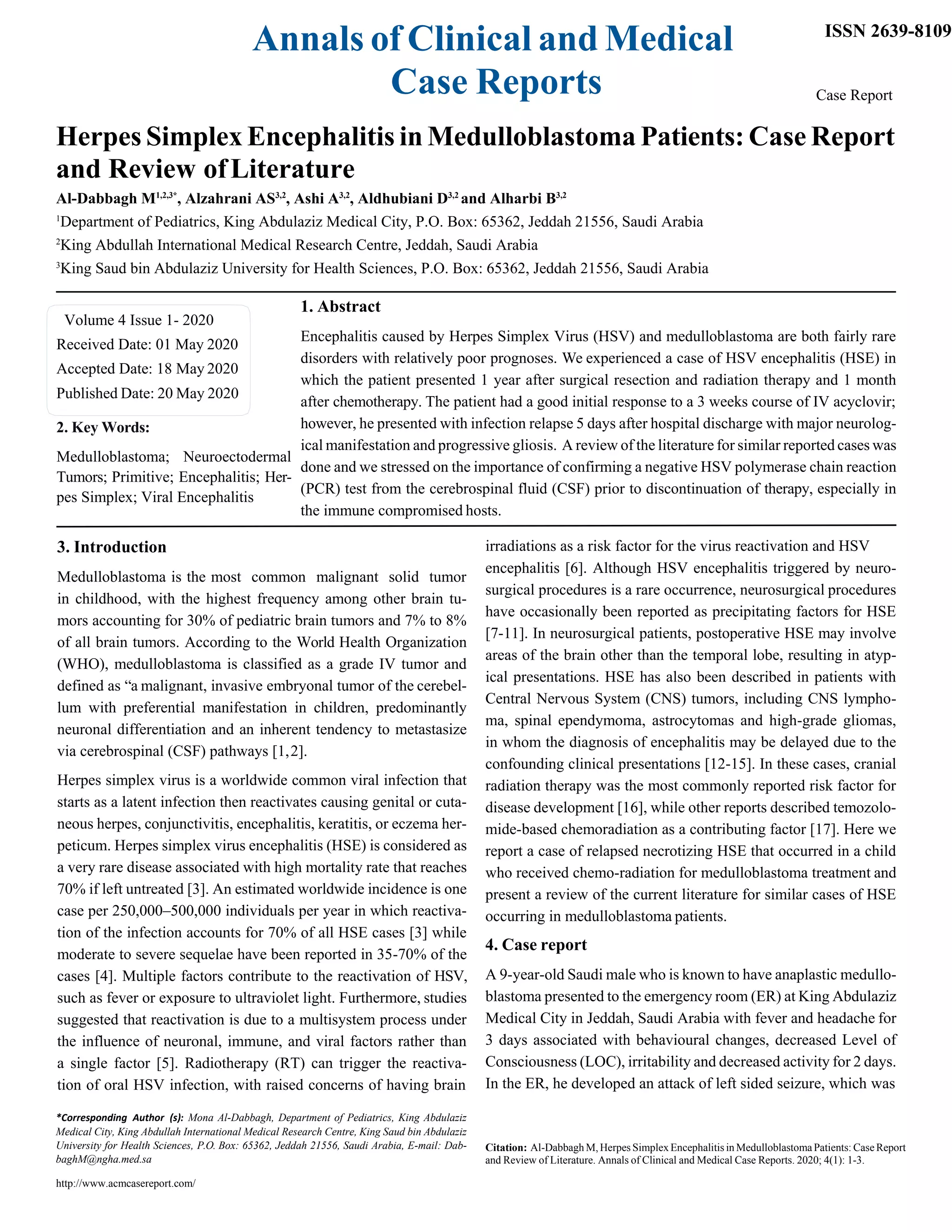 Herpes Simplex Encephalitis in Medulloblastoma Patients: Case Report ...
