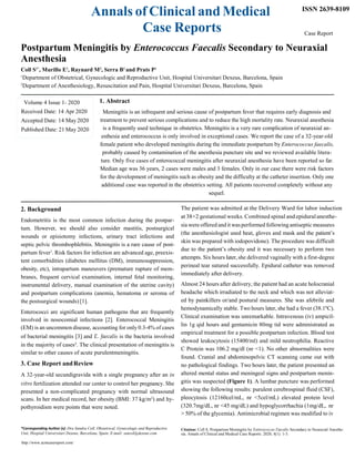 Postpartum Meningitis by Enterococcus Faecalis Secondary to Neuraxial ...