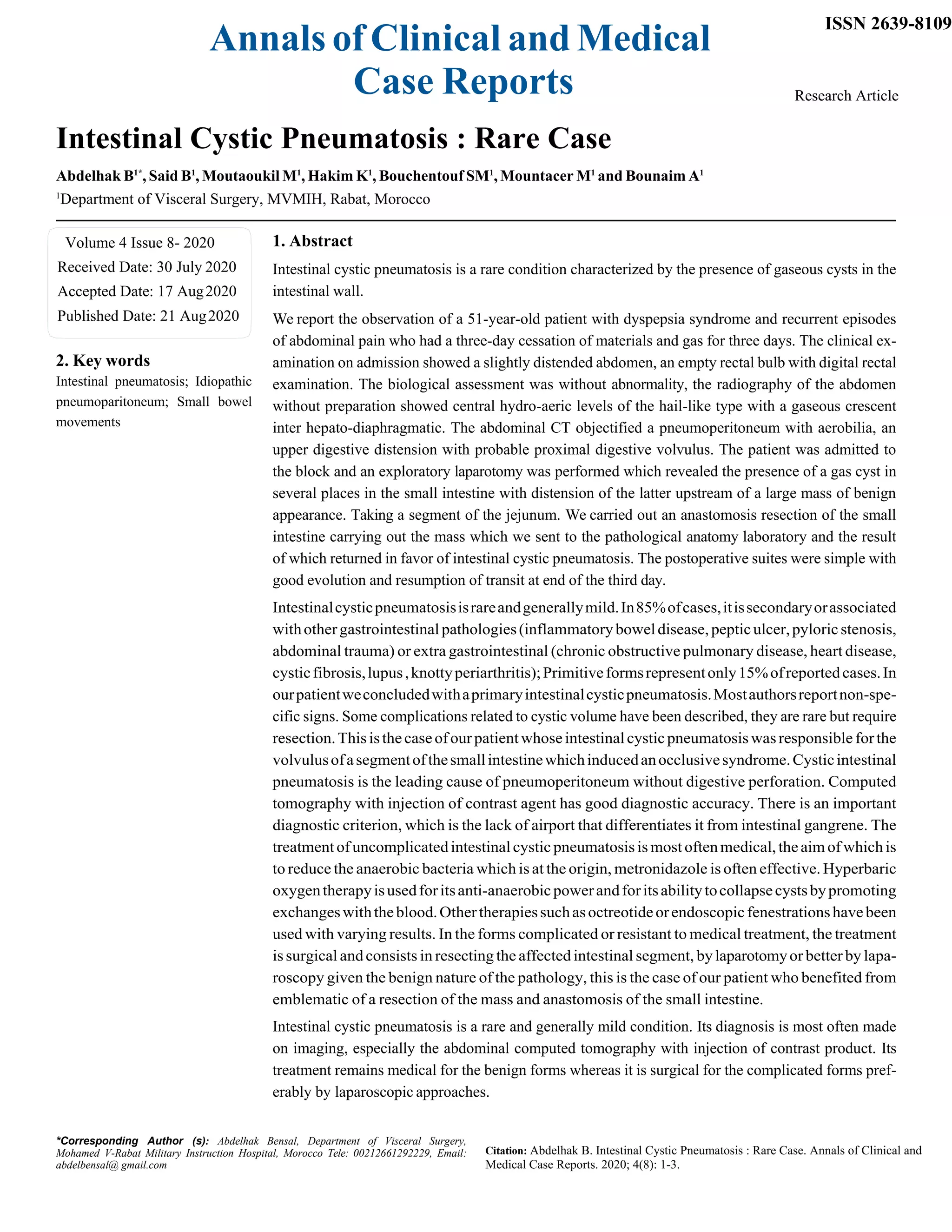Intestinal Cystic Pneumatosis : Rare Case | PDF