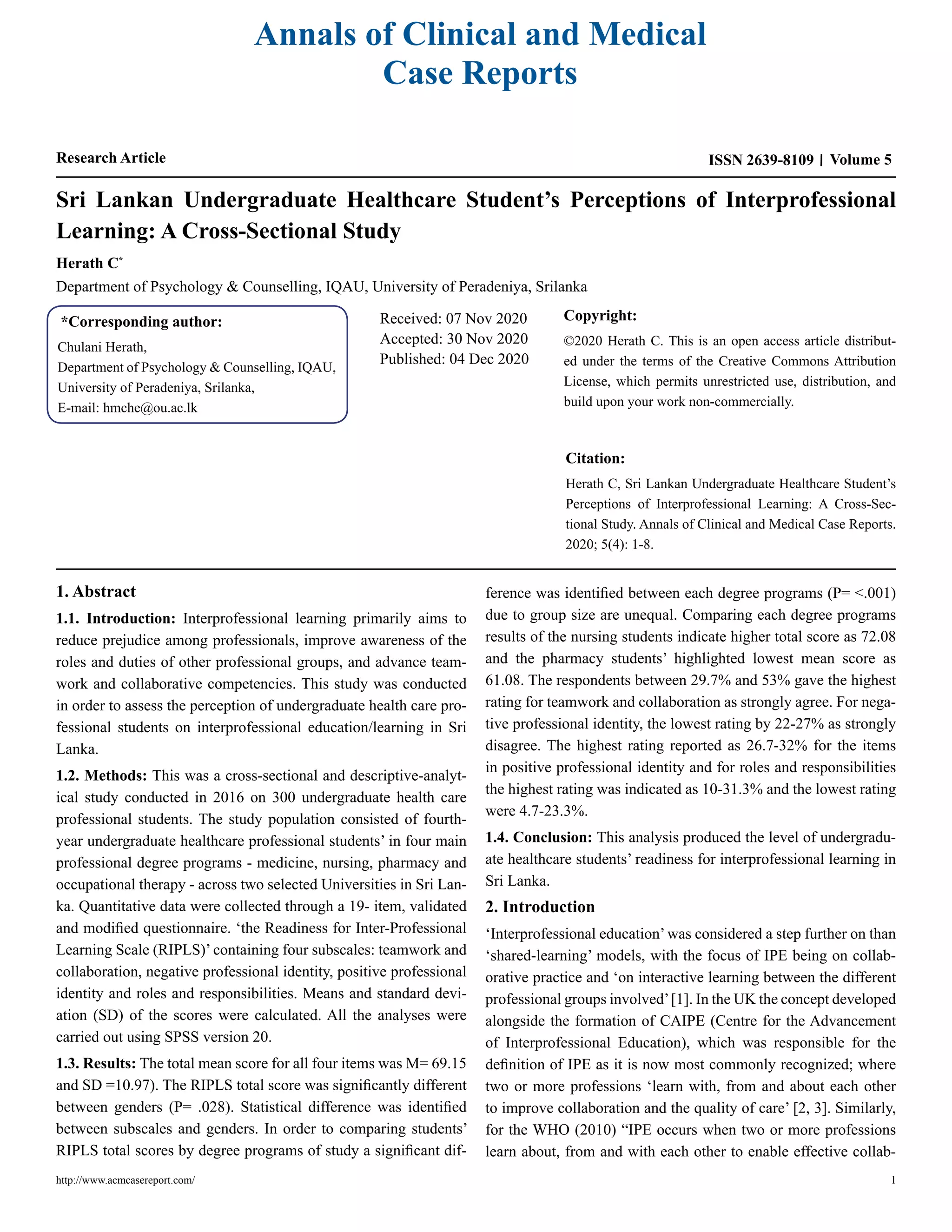 Sri Lankan Undergraduate Healthcare Student’s Perceptions of Interprofessional Learning: A Cross ...
