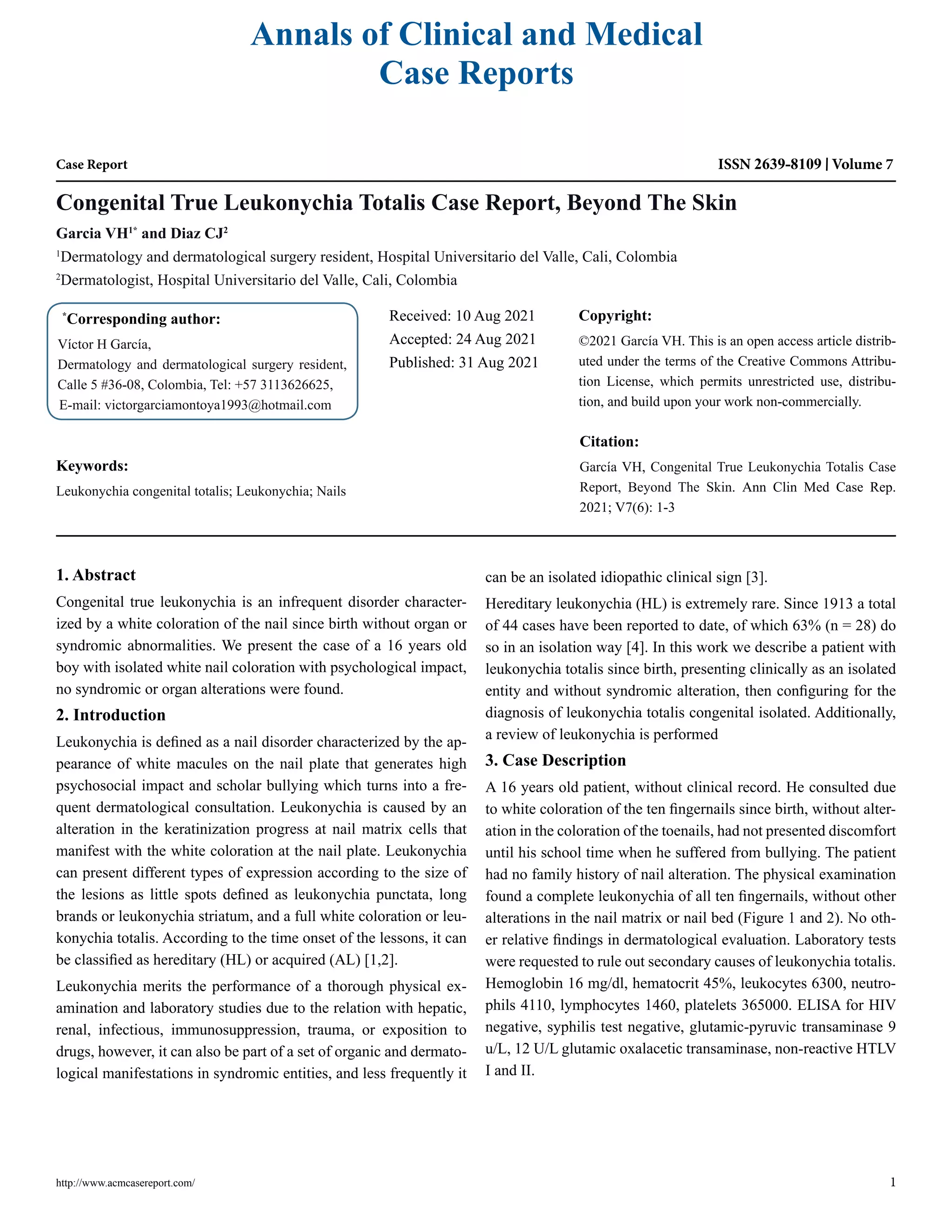 Congenital True Leukonychia Totalis Case Report, Beyond The Skin | PDF