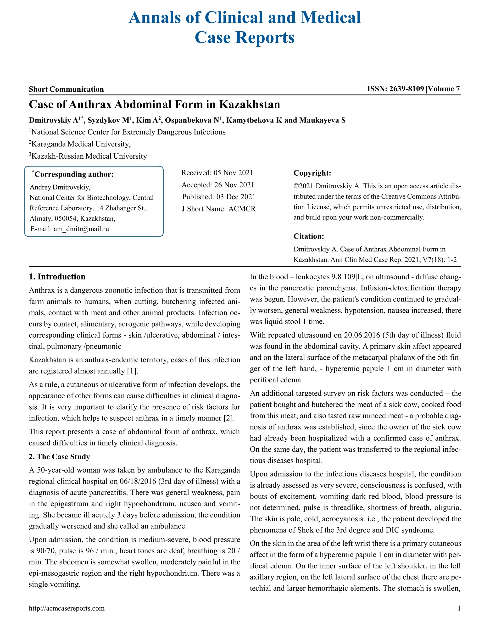 Case of Anthrax Abdominal Form in Kazakhstan | PDF