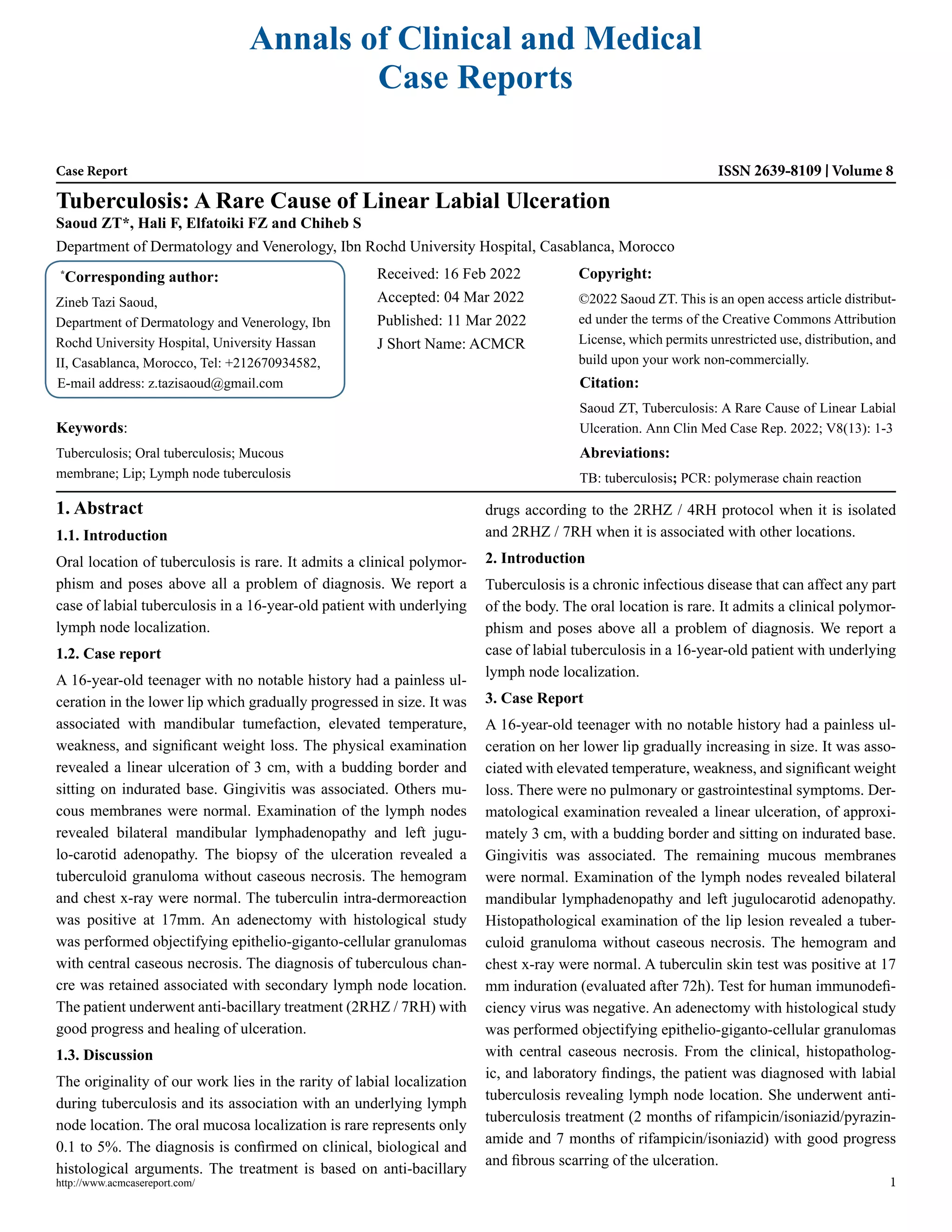 Tuberculosis: A Rare Cause of Linear Labial Ulceration | PDF