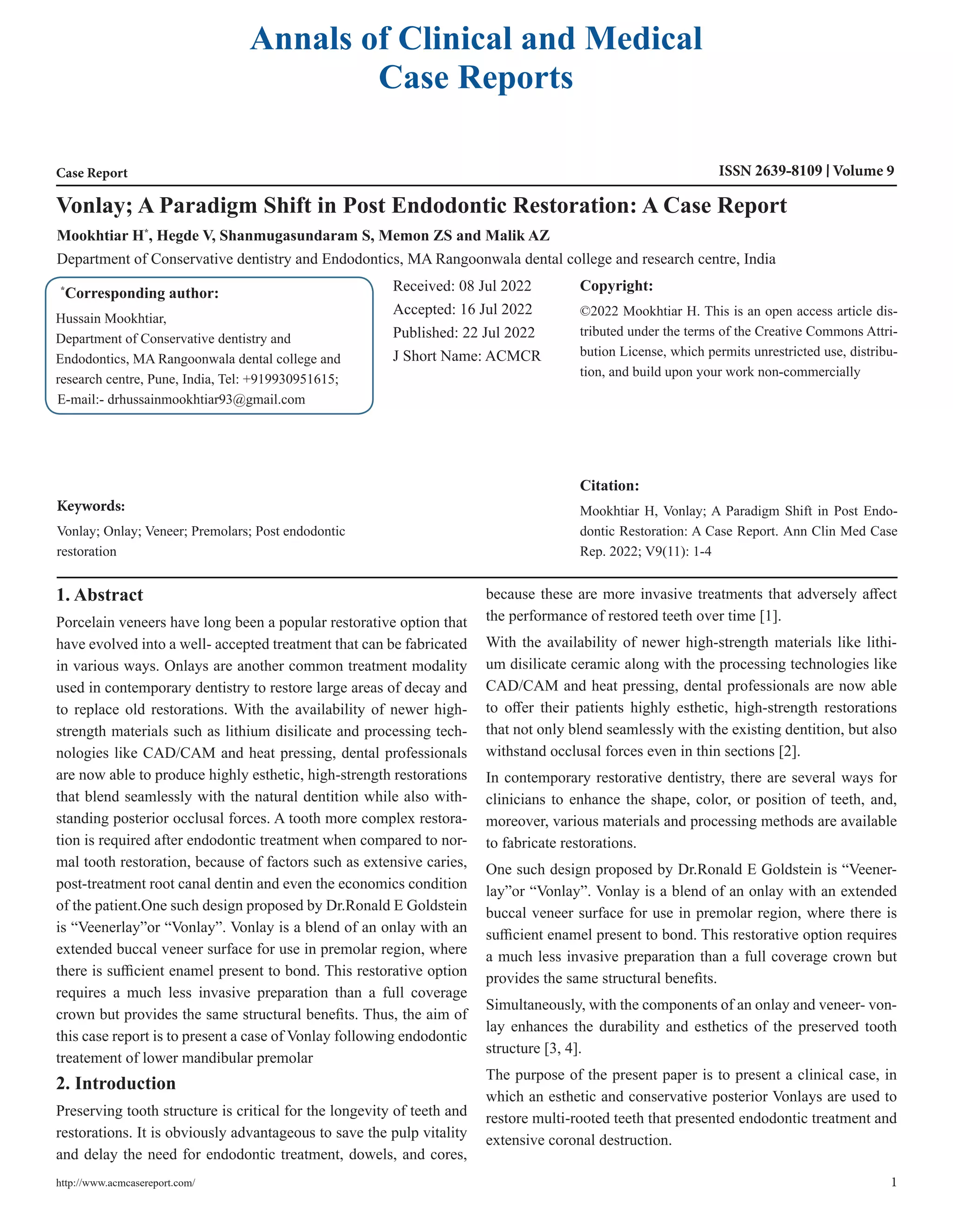 Vonlay; A paradigm shift in post endodontic restoration: A case report ...