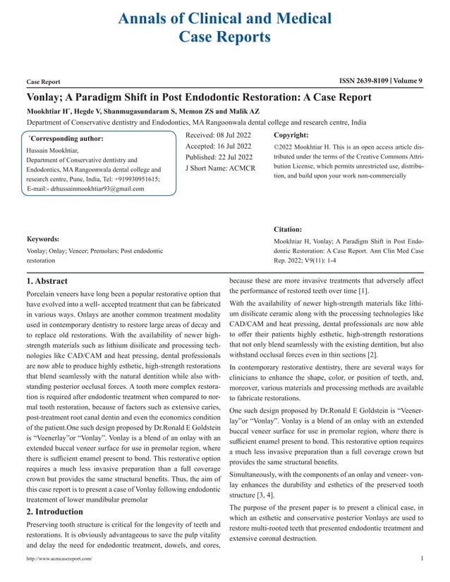 Vonlay; A paradigm shift in post endodontic restoration: A case report ...