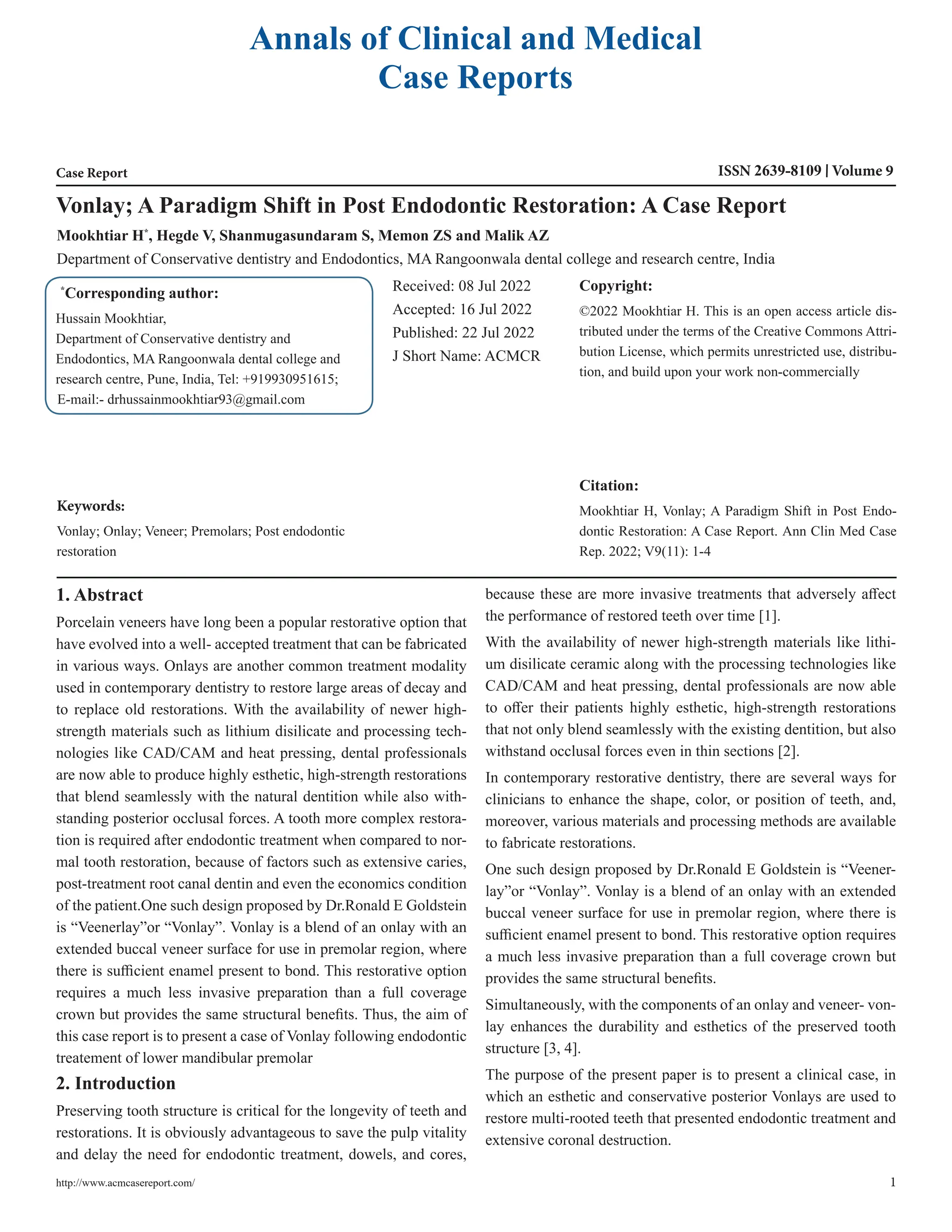 Vonlay; A Paradigm Shift in Post Endodontic Restoration: A Case Report ...