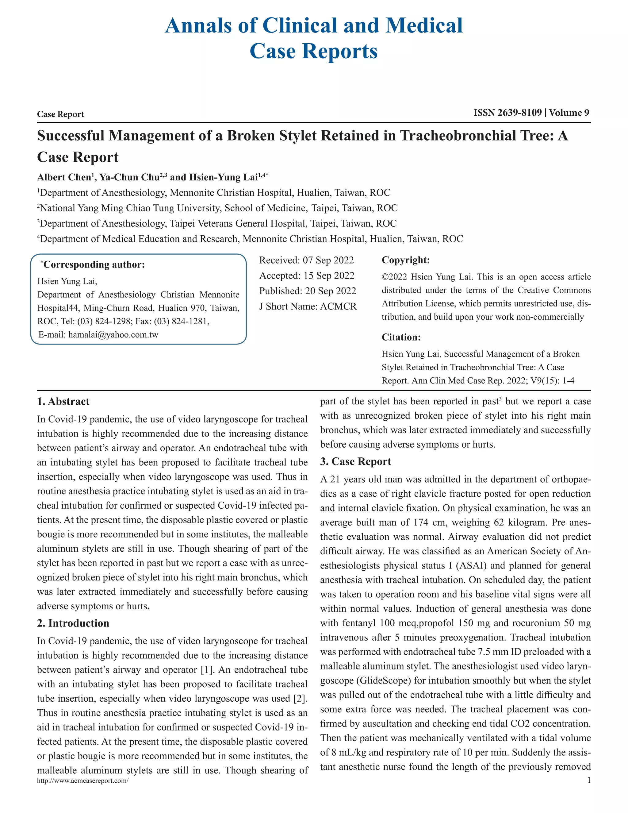 Successful management of a broken stylet retained in tracheobronchial ...
