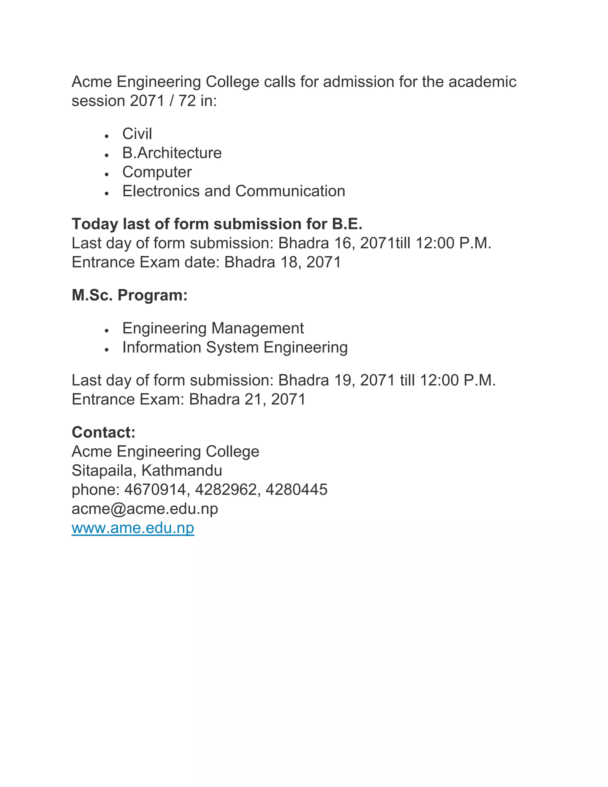 Acme Engineering College announces admissions open for various courses ...