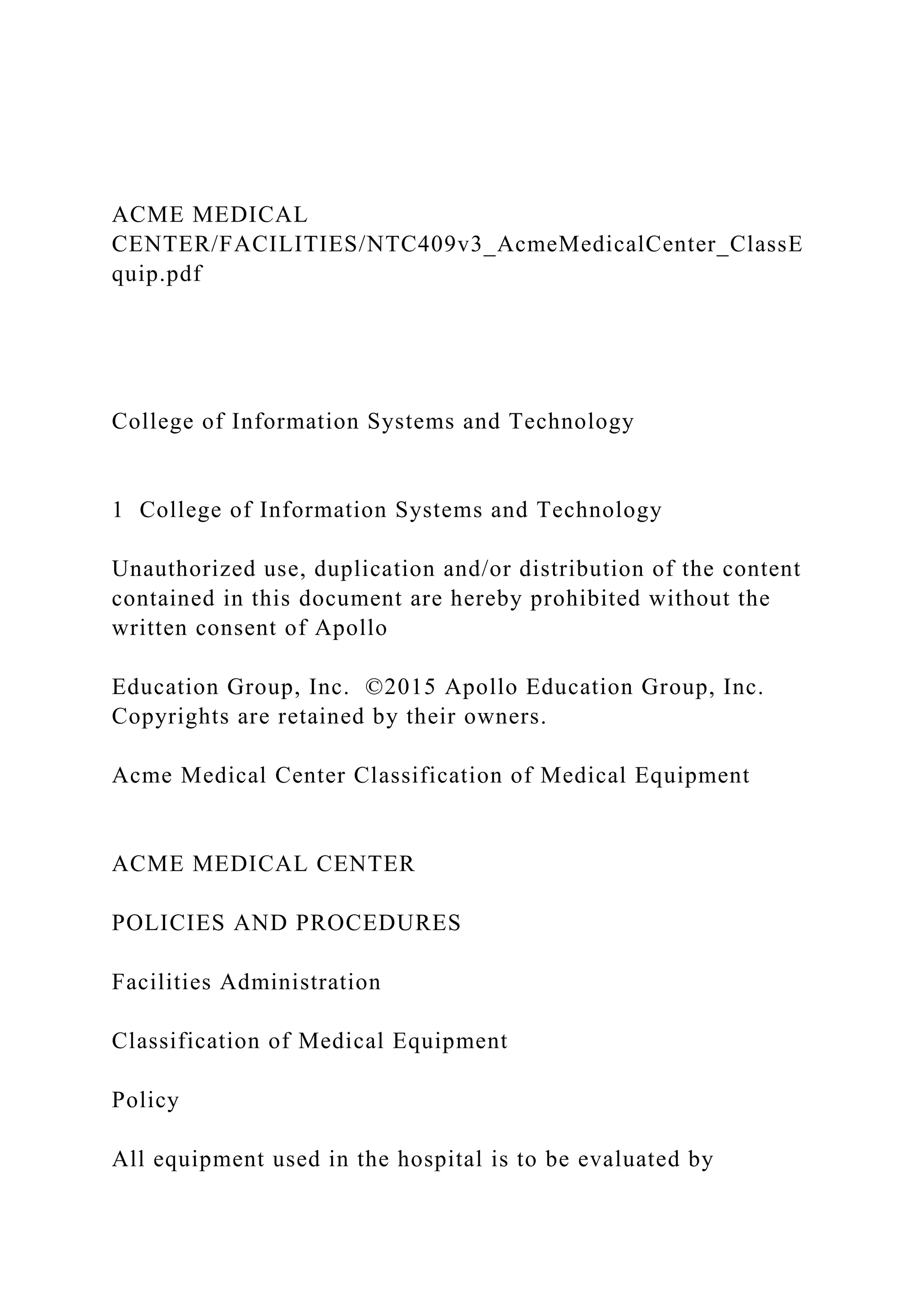 ACME MEDICAL CENTERFACILITIESNTC409v3_AcmeMedicalCenter_ClassE.docx