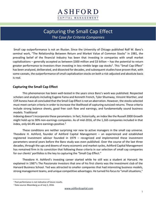 Ashford Capital Management Small Cap Criteria White Paper | PDF