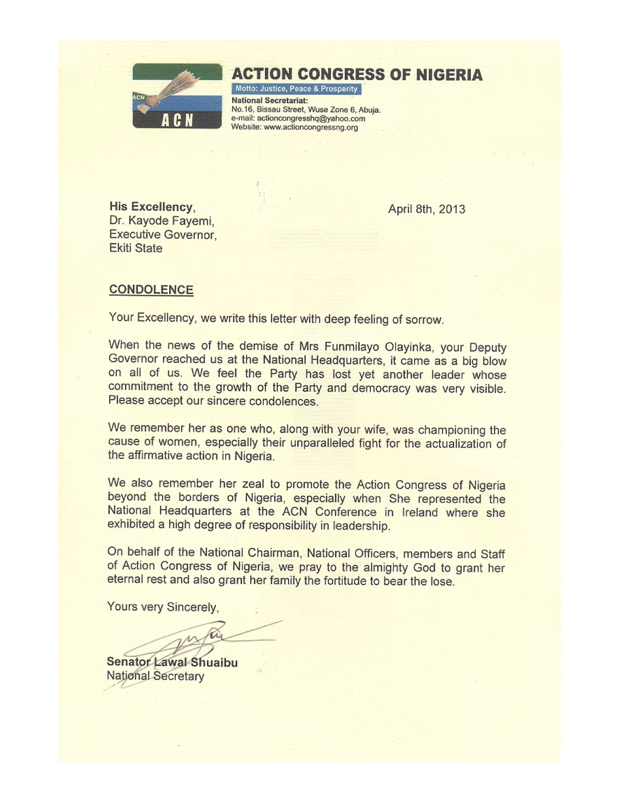 ACN condolence letter | PDF