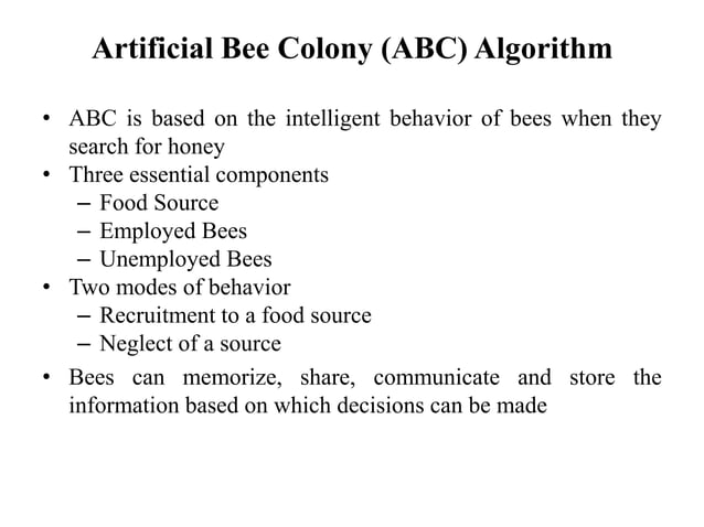 ACO, Firefly, Modified Firefly, BAT, ABC algorithms | PPT