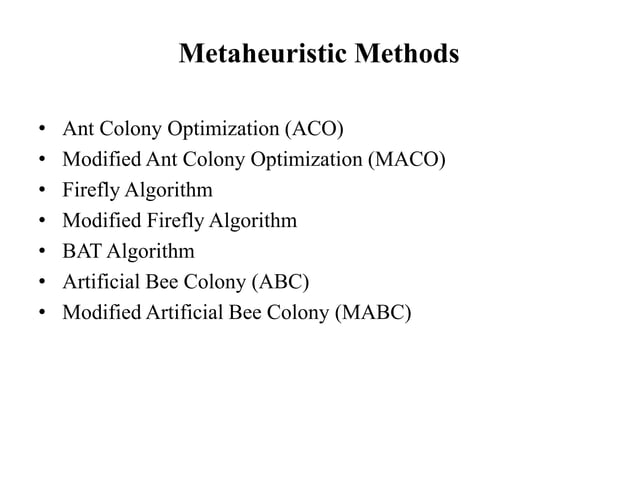 ACO, Firefly, Modified Firefly, BAT, ABC algorithms | PPT