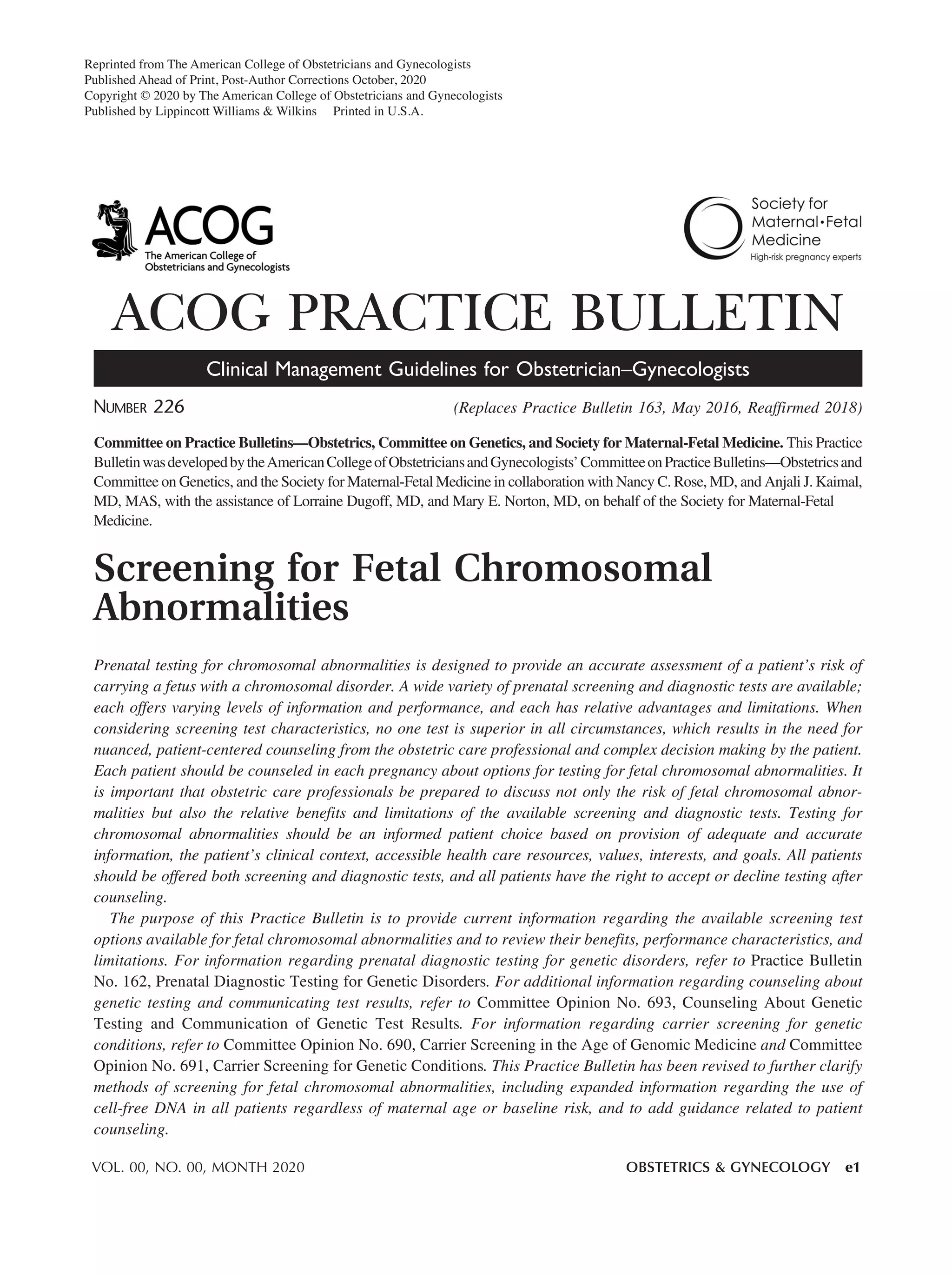 Acog Screening For Fetal Chromosomal Abnormalities 2020 Pdf