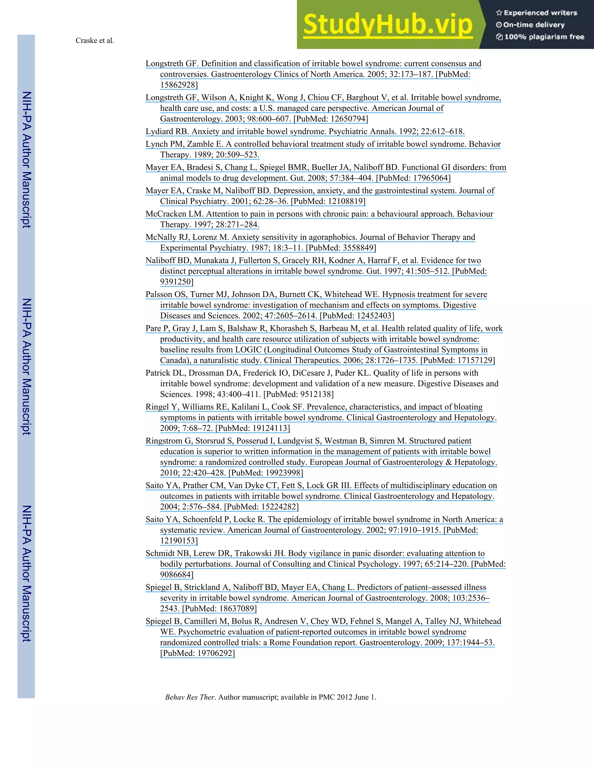A Cognitive-Behavioral Treatment For Irritable Bowel Syndrome Using Interoceptive Exposure To ...