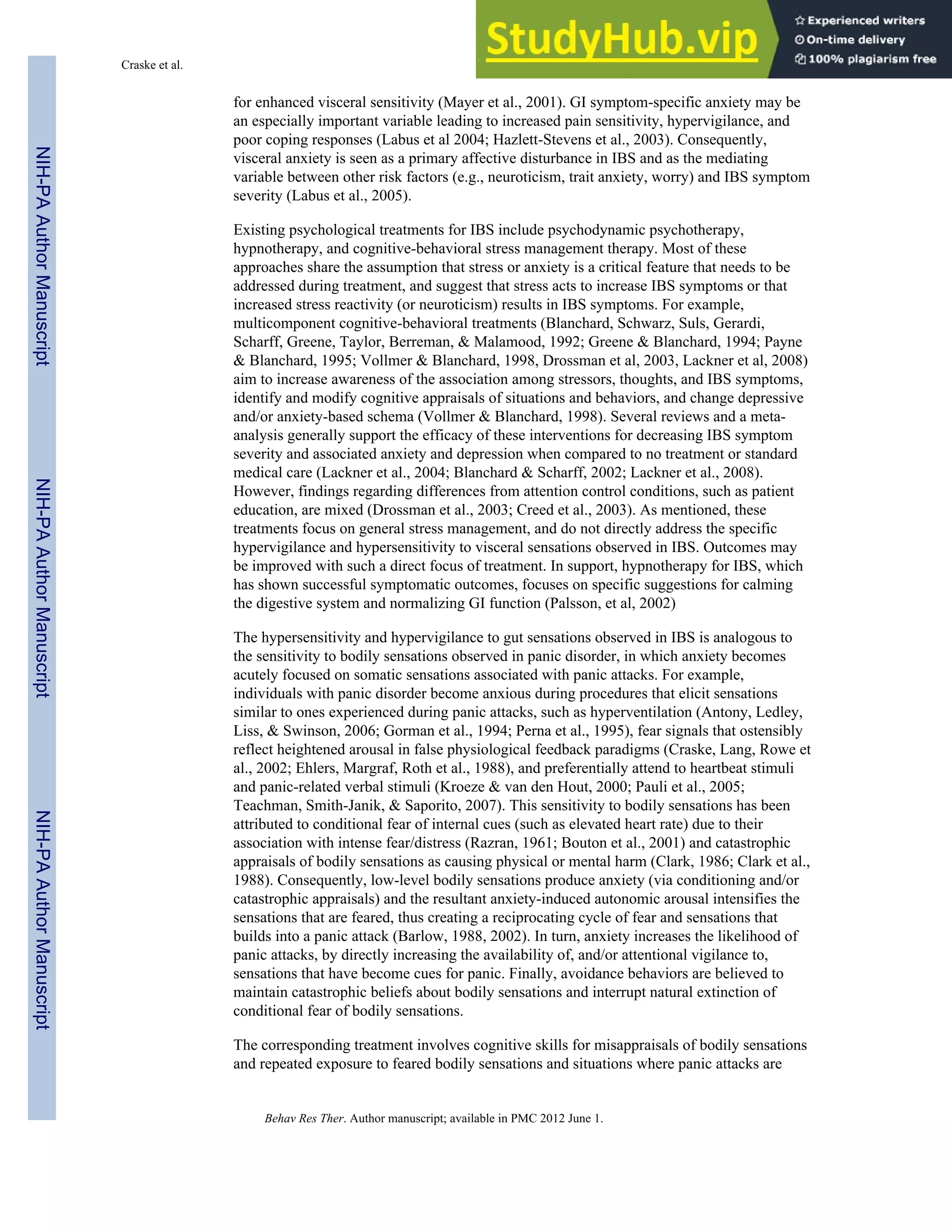 A Cognitive-Behavioral Treatment For Irritable Bowel Syndrome Using Interoceptive Exposure To ...