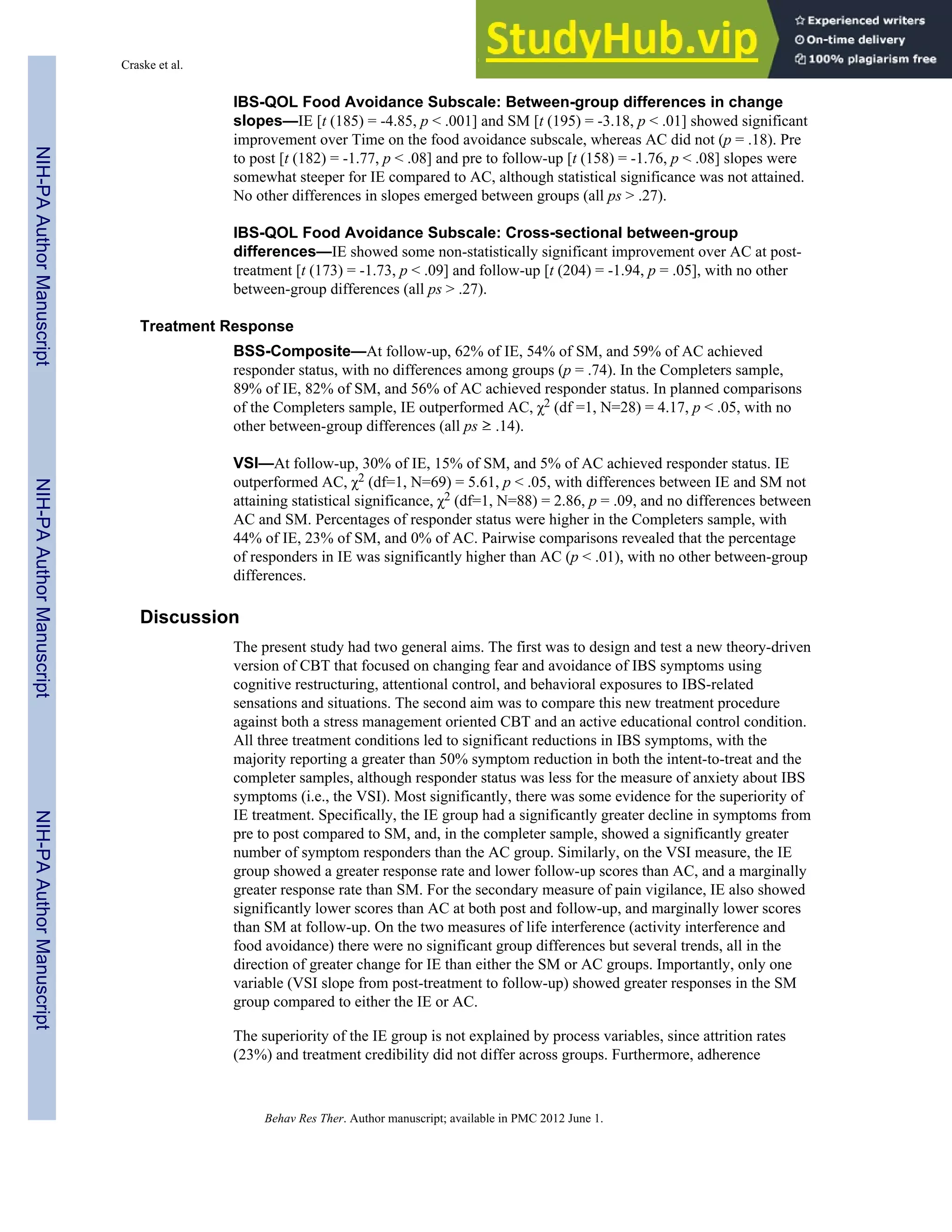 A Cognitive-Behavioral Treatment For Irritable Bowel Syndrome Using Interoceptive Exposure To ...