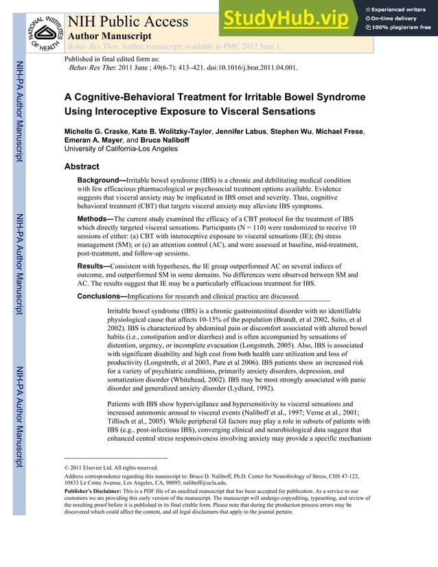 A Cognitive-Behavioral Treatment For Irritable Bowel Syndrome Using ...