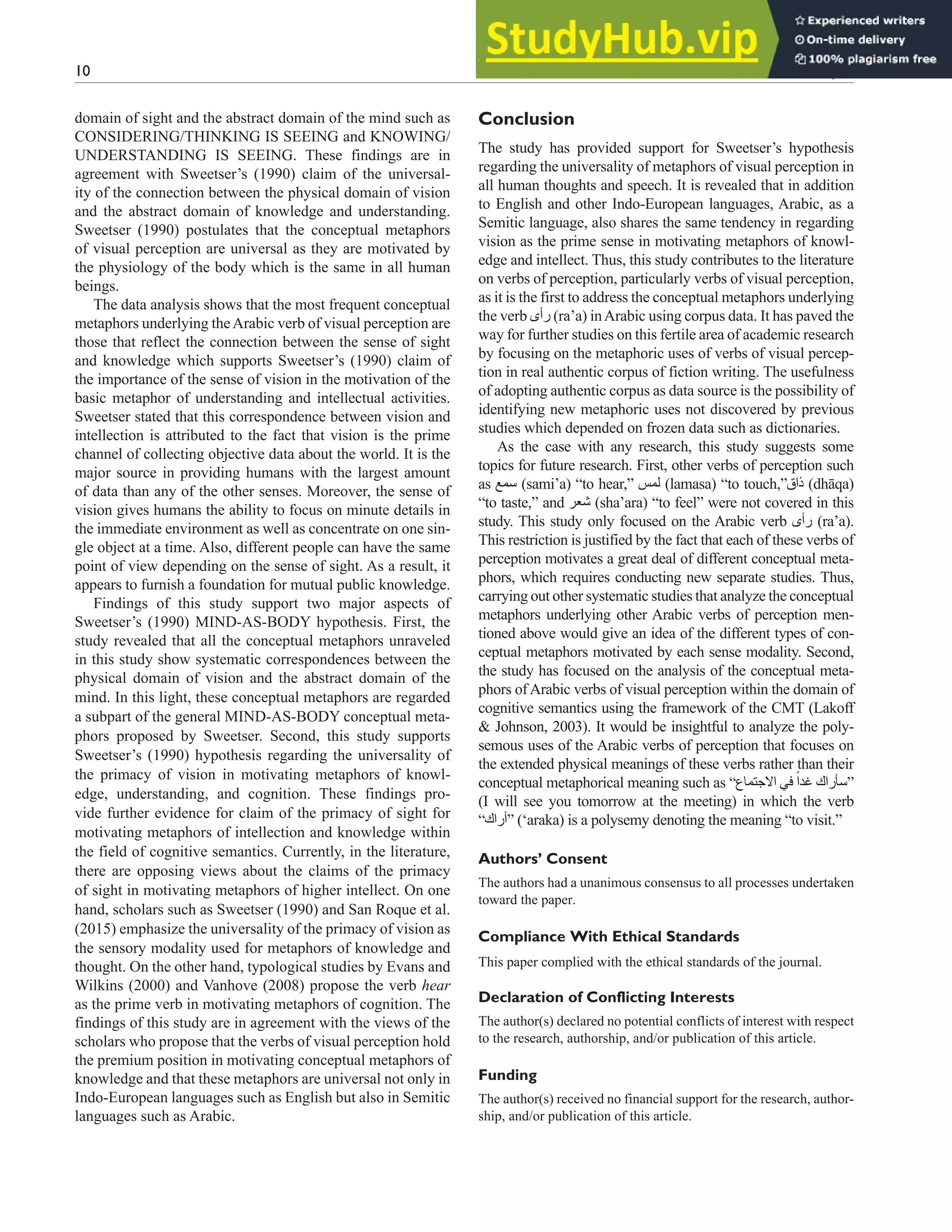 A Cognitive Semantic Analysis Of Arabic Verb Of Visual Perception (Ra A) In Fiction Writing | PDF