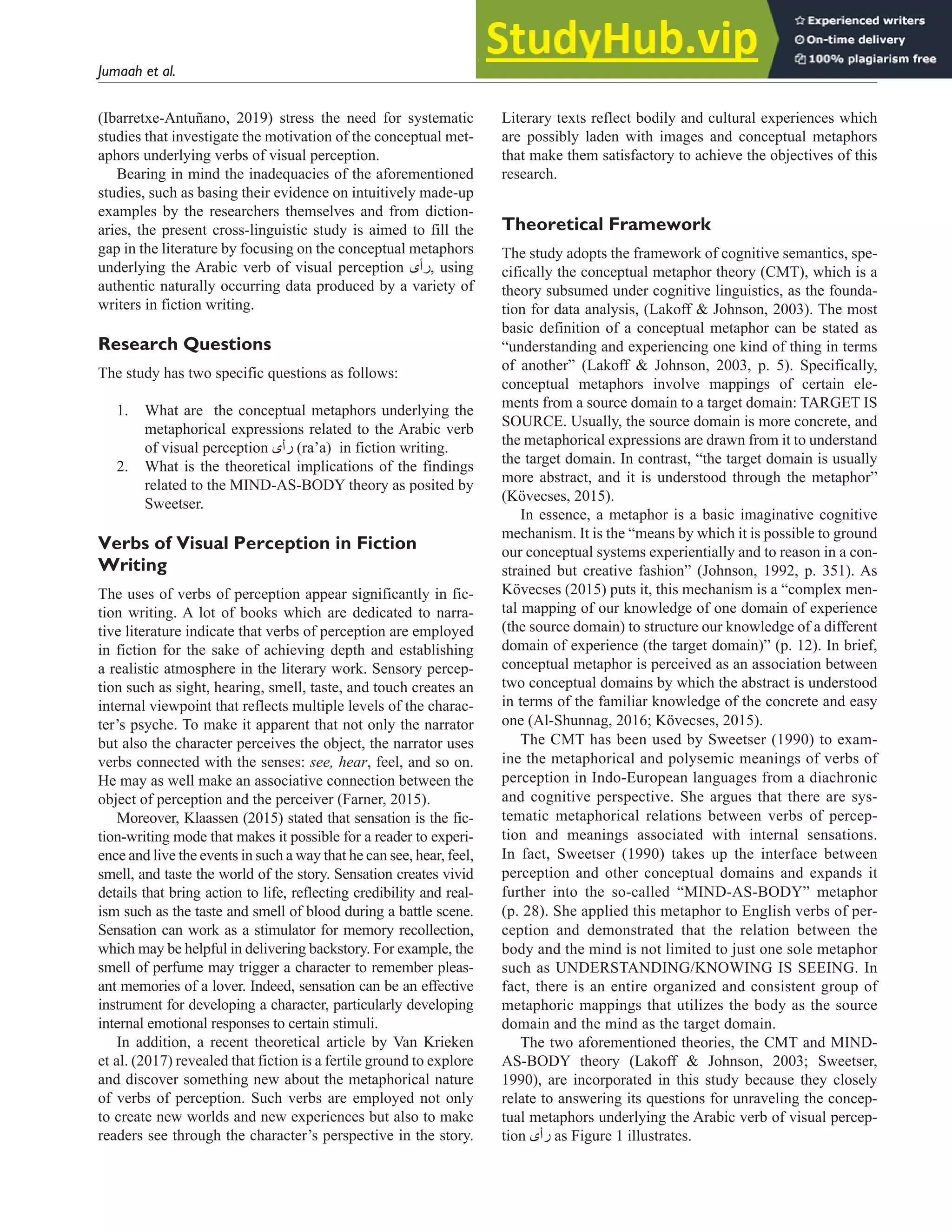 A Cognitive Semantic Analysis Of Arabic Verb Of Visual Perception (Ra A) In Fiction Writing | PDF