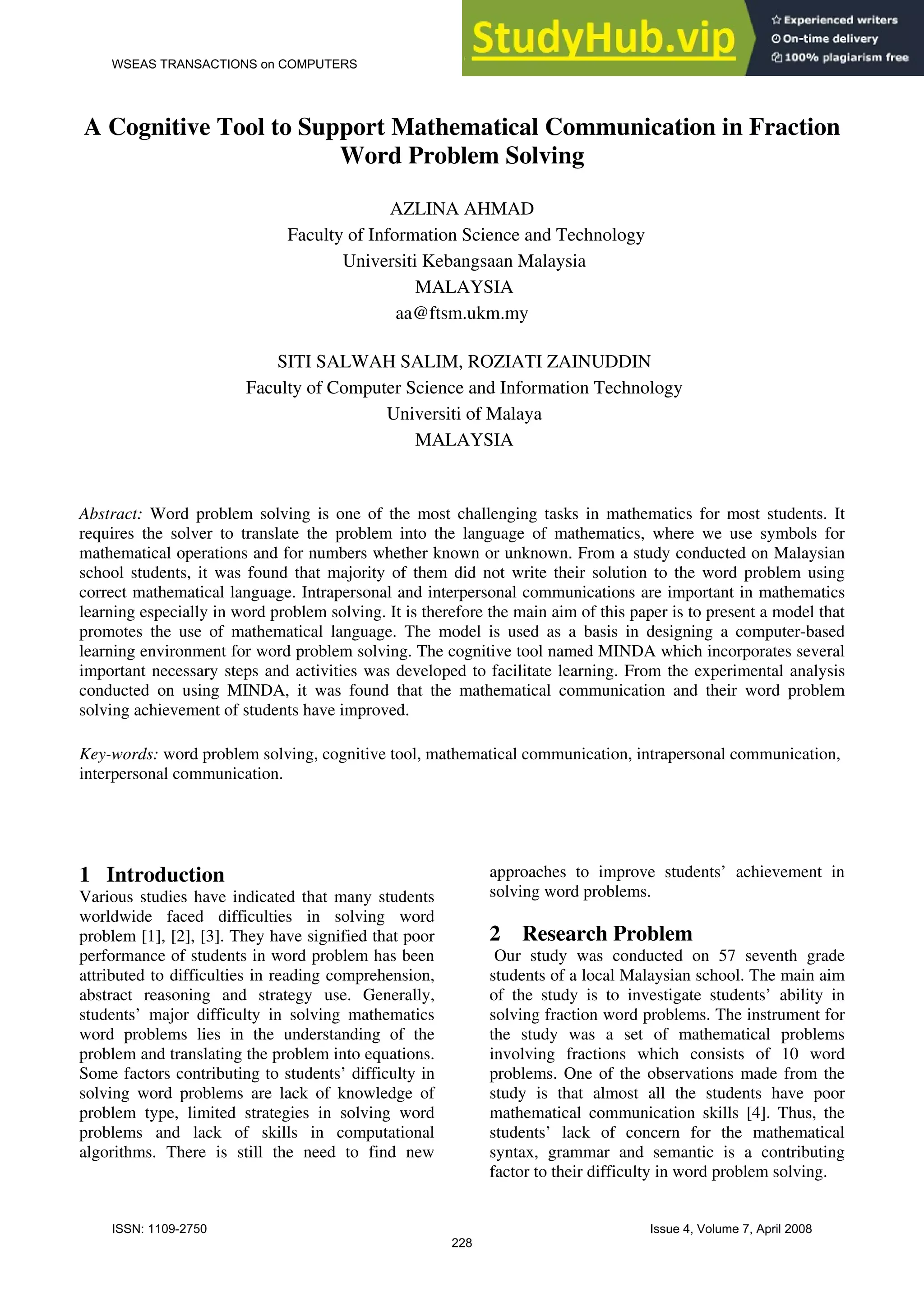 A Cognitive Tool To Support Mathematical Communication In Fraction Word ...