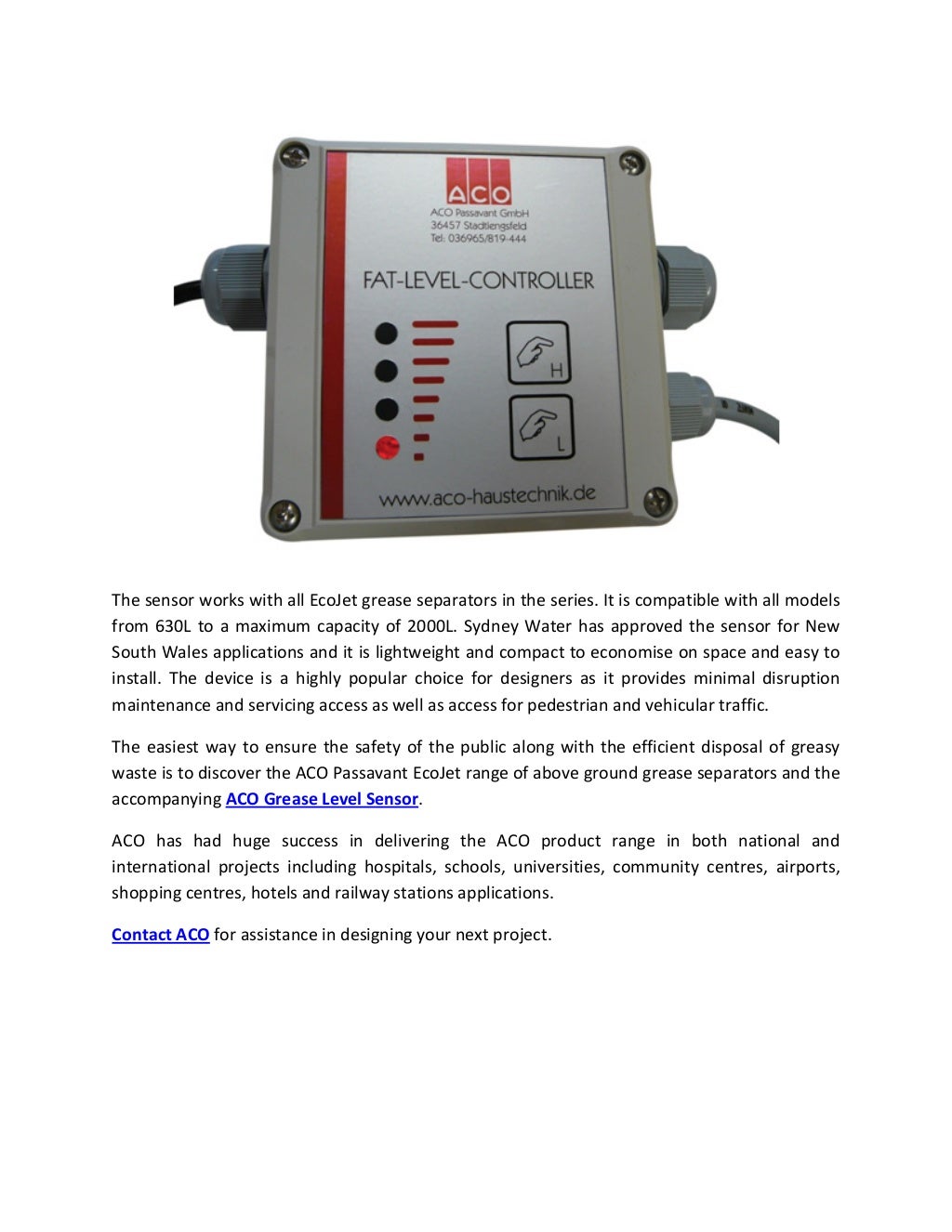 ACO Grease Level Sensor Reduces Ceiling Heights in Above Ground ...