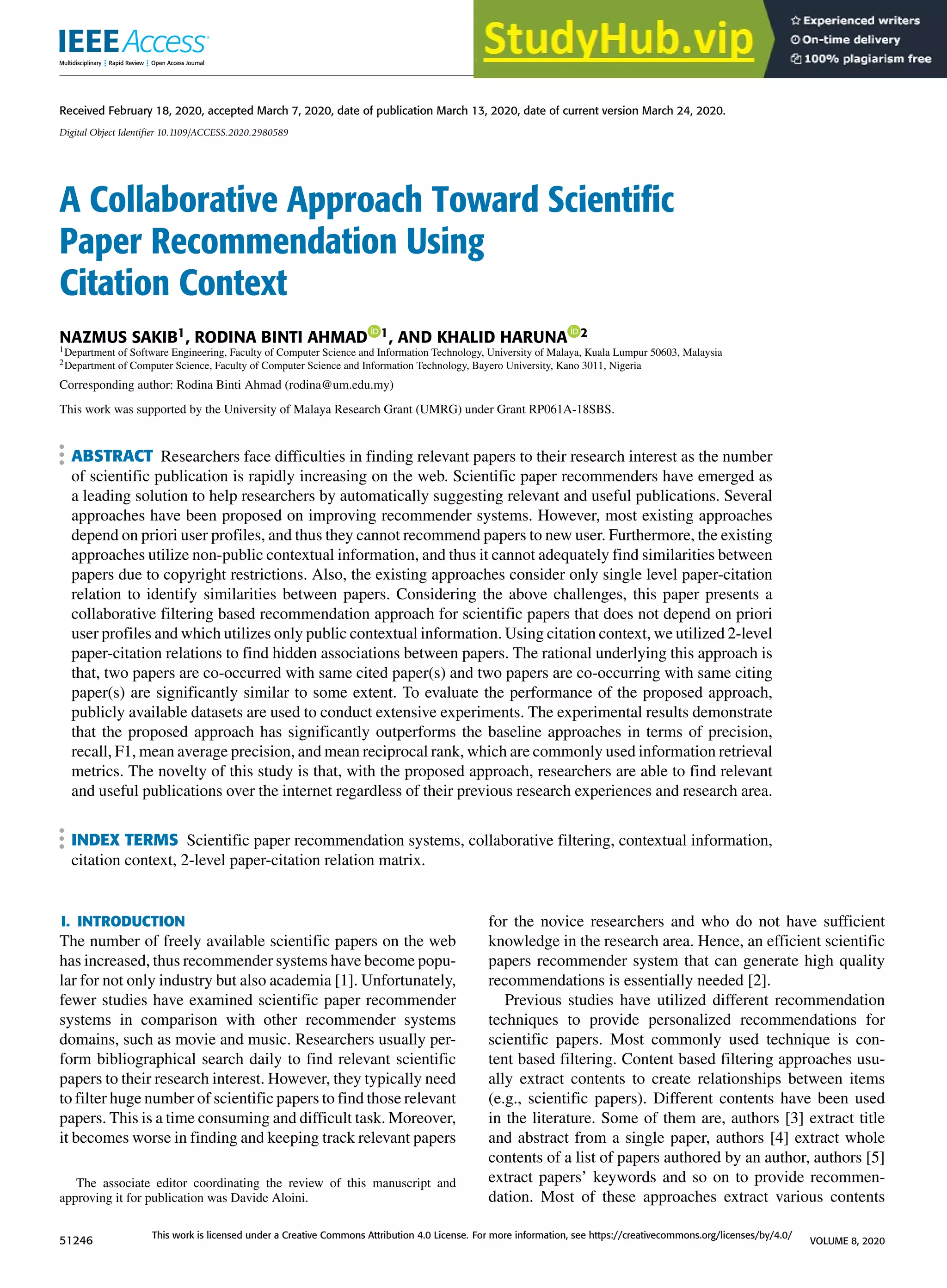 A Collaborative Approach Toward Scientific Paper Recommendation Using ...