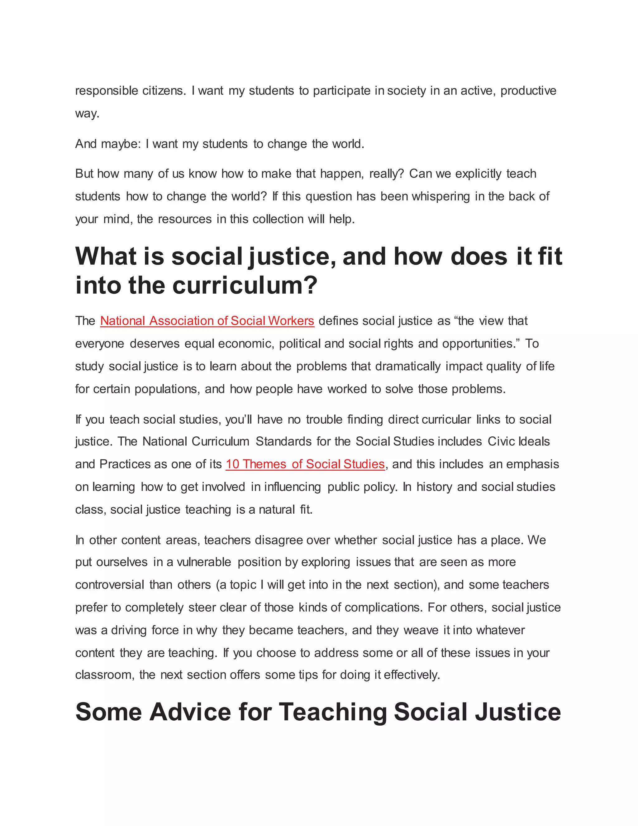 A collection of resources for teaching social justice | DOCX
