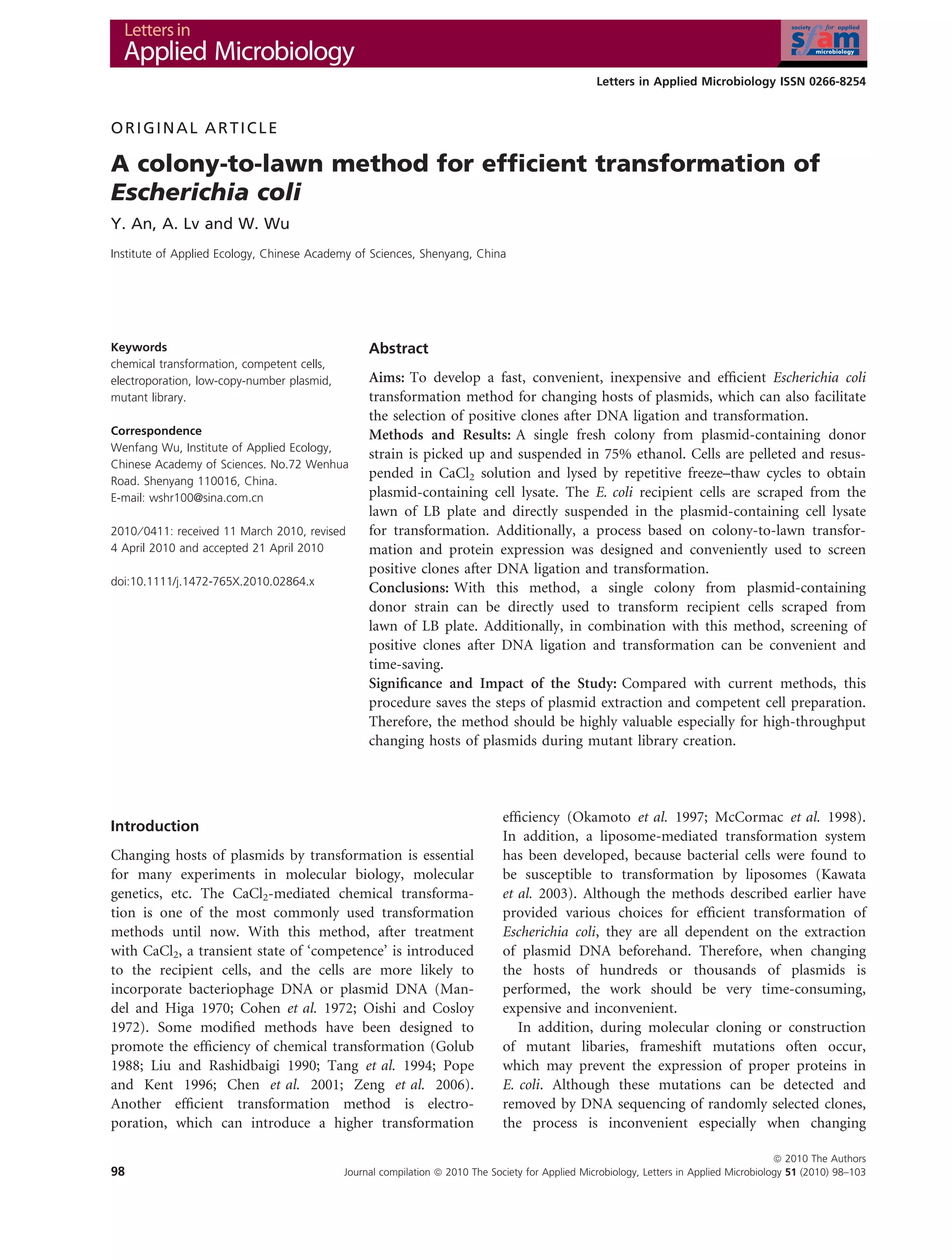 A colony to-lawn method for efficient transformation of escherichia ...