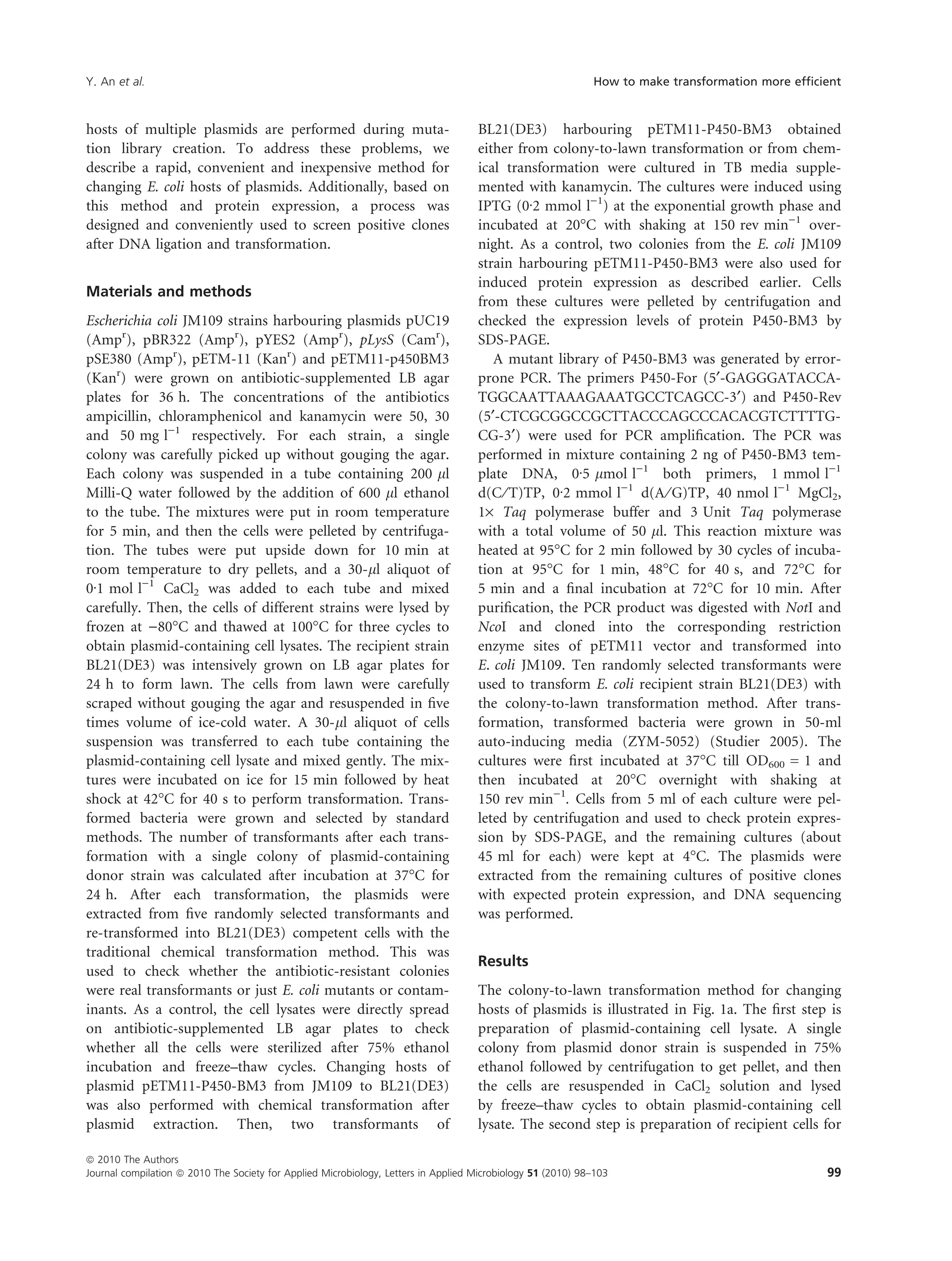 A colony to-lawn method for efficient transformation of escherichia coli | PDF | Biotech and ...