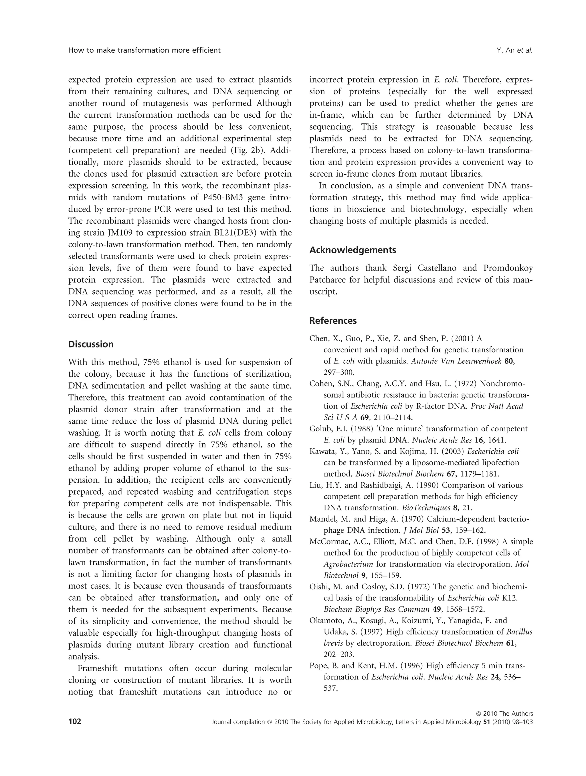 A colony to-lawn method for efficient transformation of escherichia ...