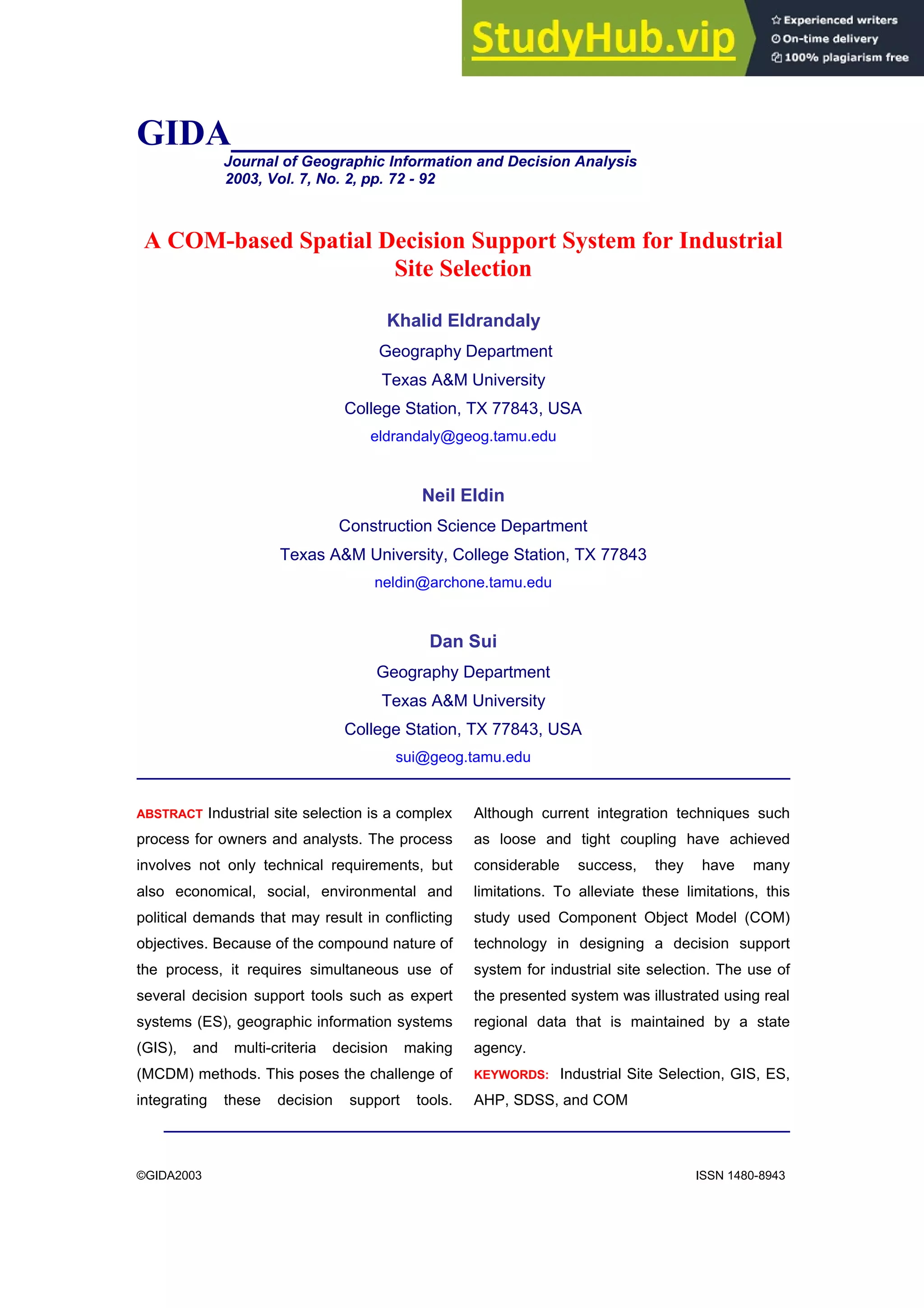 A COM-Based Spatial Decision Support System For Industrial Site ...