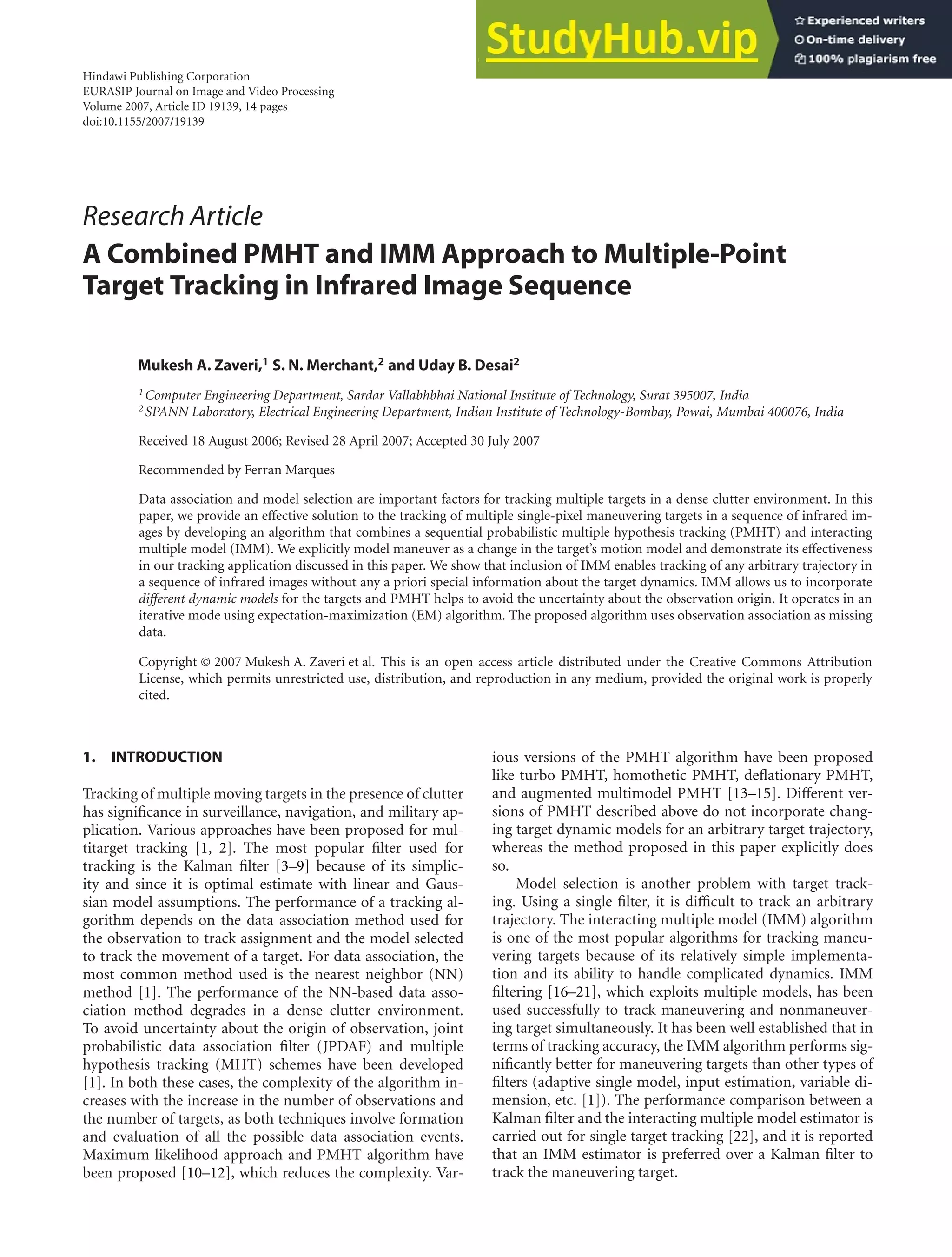 A Combined PMHT And IMM Approach To Multiple-Point Target Tracking In Infrared Image Sequence | PDF