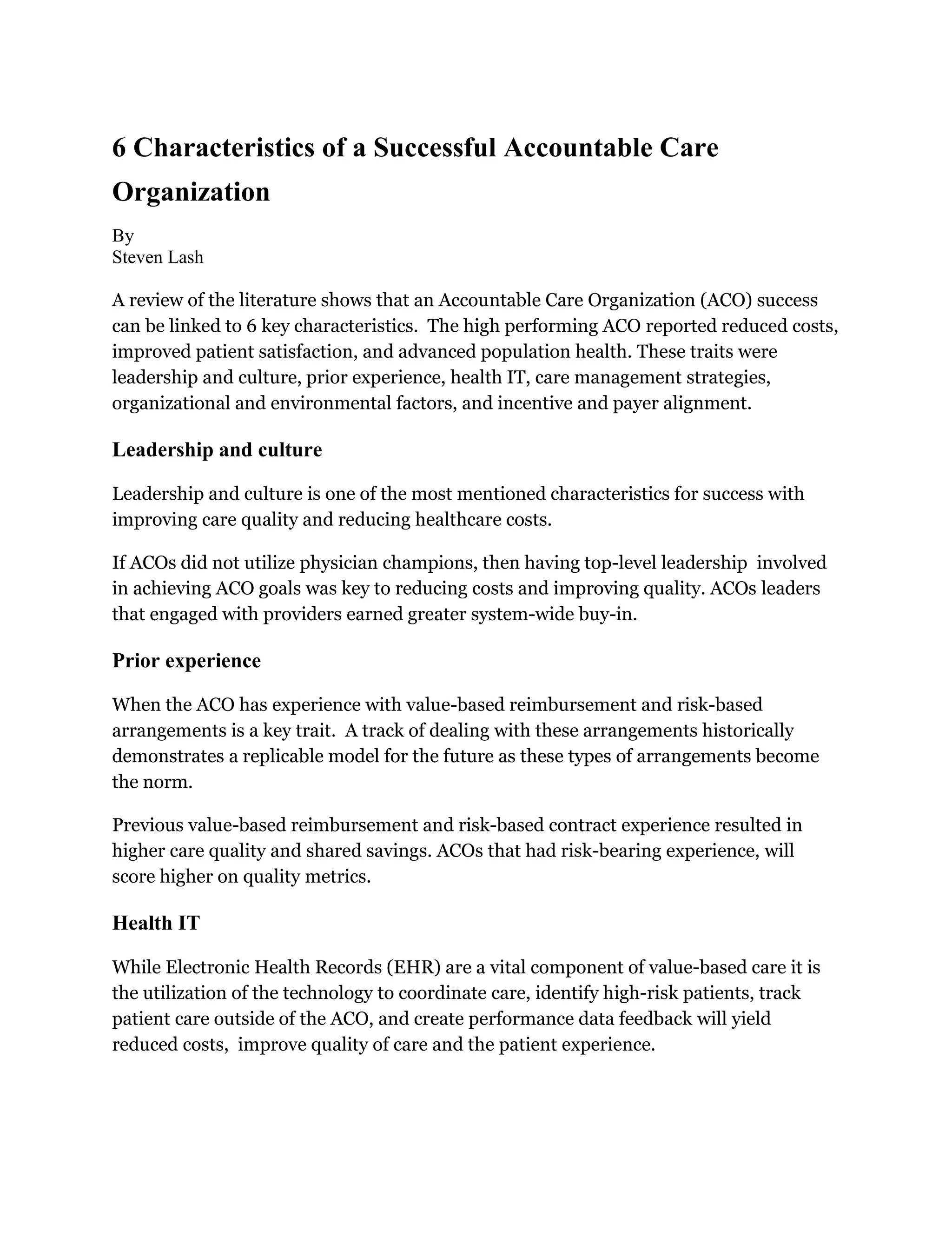 6 Characteristics of a Successful ACO By Steven Lash San Diego | PDF