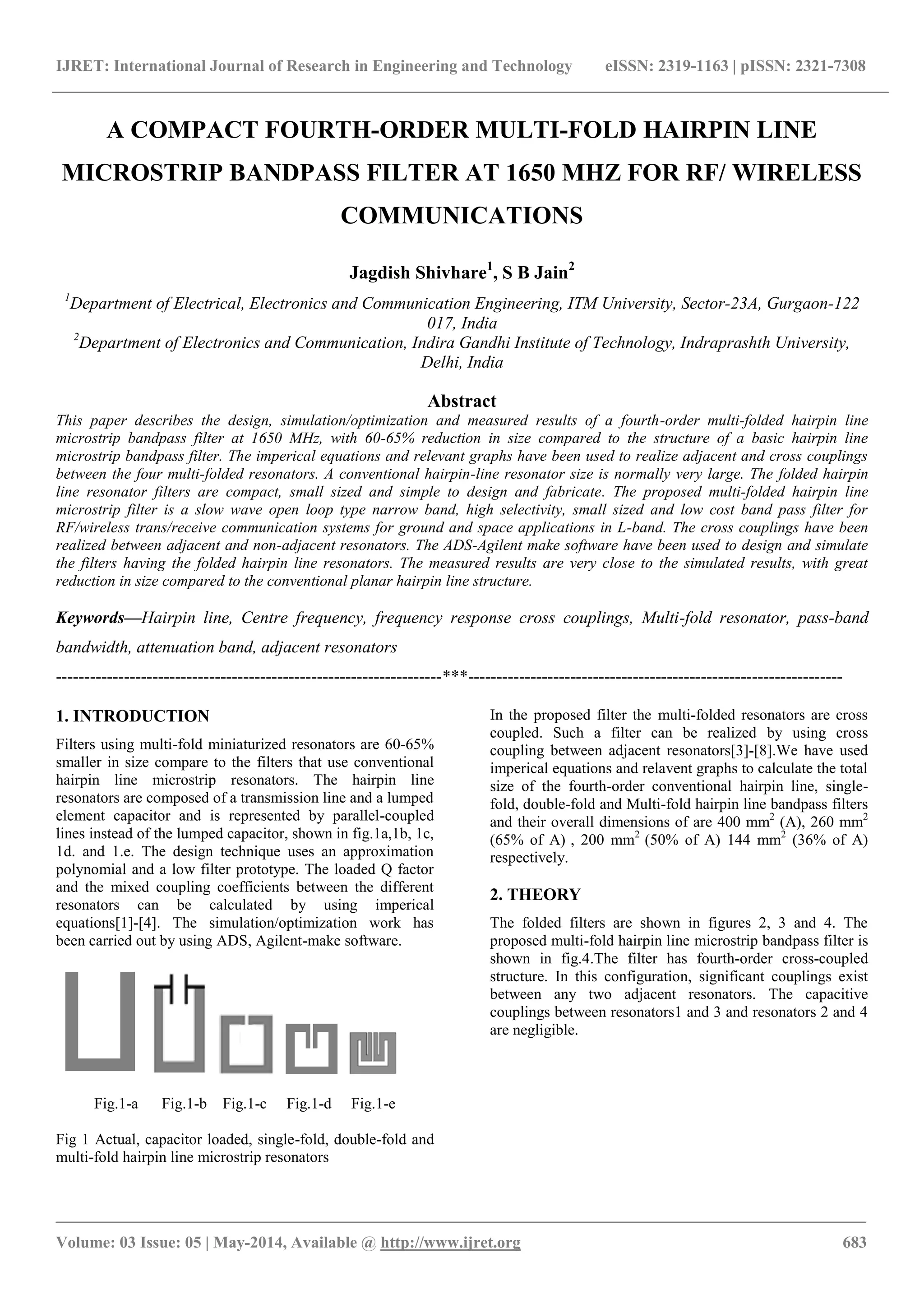 A compact fourth order multi-fold hairpin line microstrip bandpass filter at 1650 mhz for rf ...