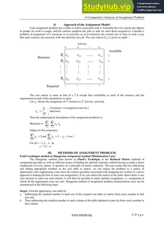 A Comparative Analysis Of Assignment Problem | PDF