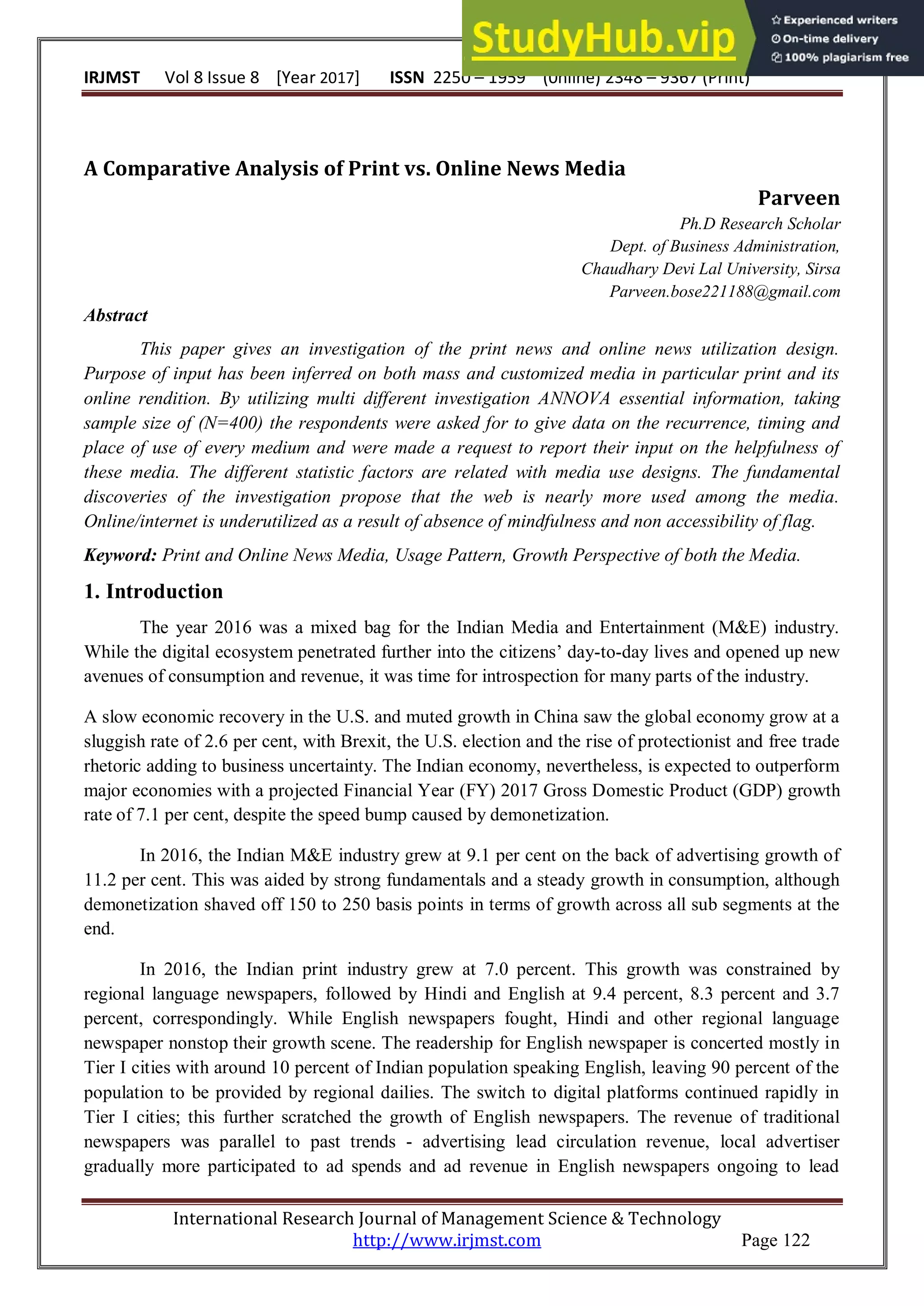 A Comparative Analysis Of Print Vs. Online News Media Parveen | PDF