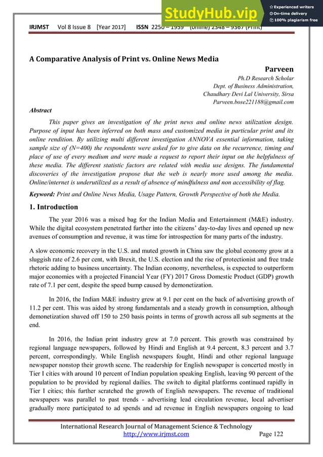 A Comparative Analysis Of Print Vs. Online News Media Parveen | PDF