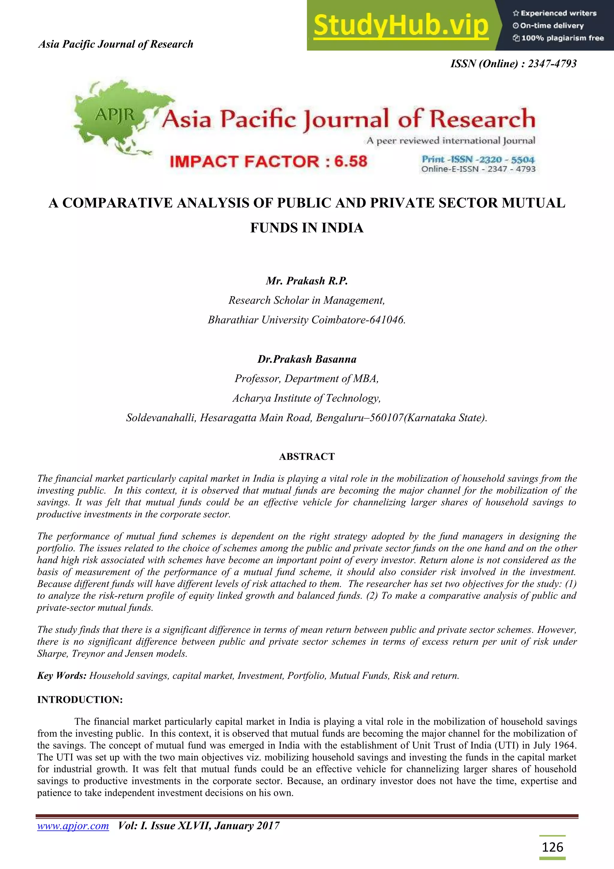 A COMPARATIVE ANALYSIS OF PUBLIC AND PRIVATE SECTOR MUTUAL FUNDS IN ...