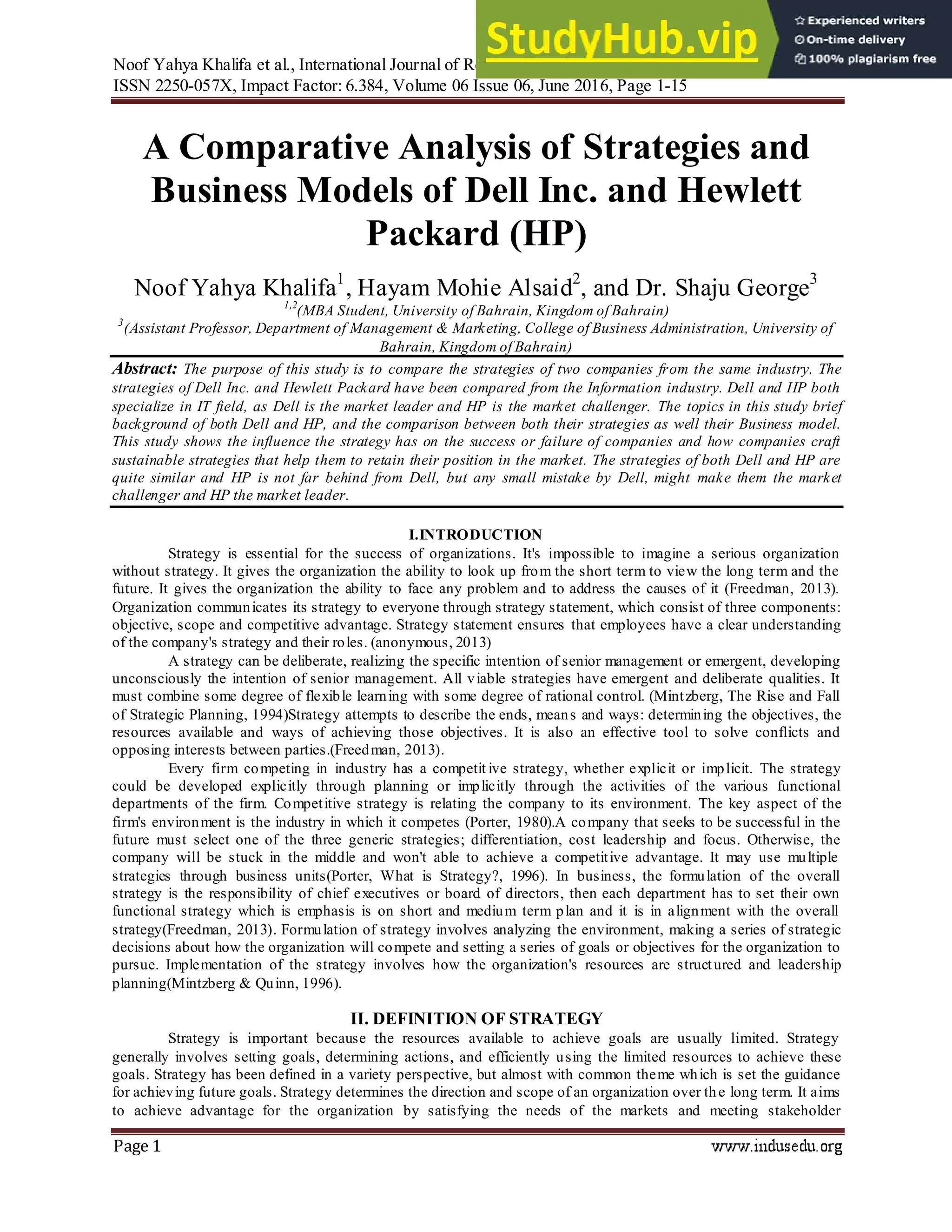 A Comparative Analysis Of Strategies And Business Models Of Dell Inc. And Hewlett Packard (HP | PDF