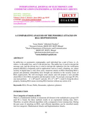 A comparative analysis of the possible attacks on rsa cryptosystem | PDF