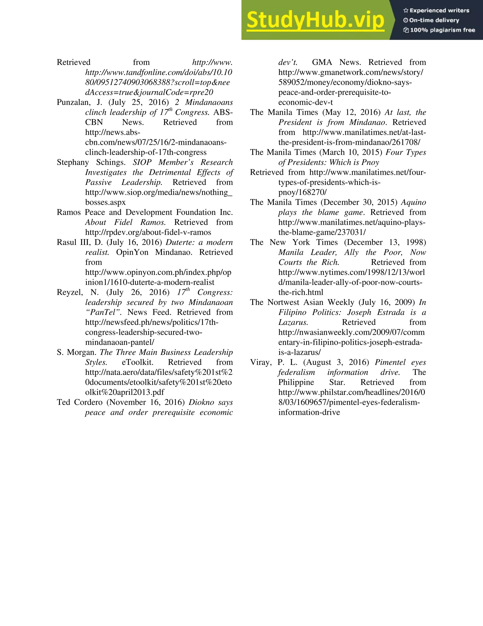 A Comparative Analysis On The Political Leadership Style Of The Previous Five Philippine ...