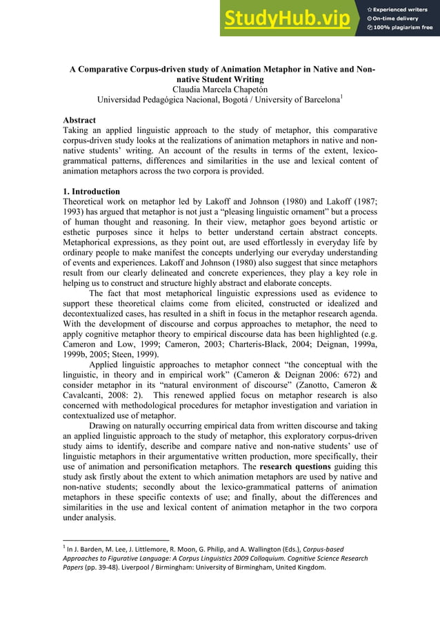 A Comparative Corpus-Driven Study Of Animation Metaphor In Native And Non-Native Student Writing ...